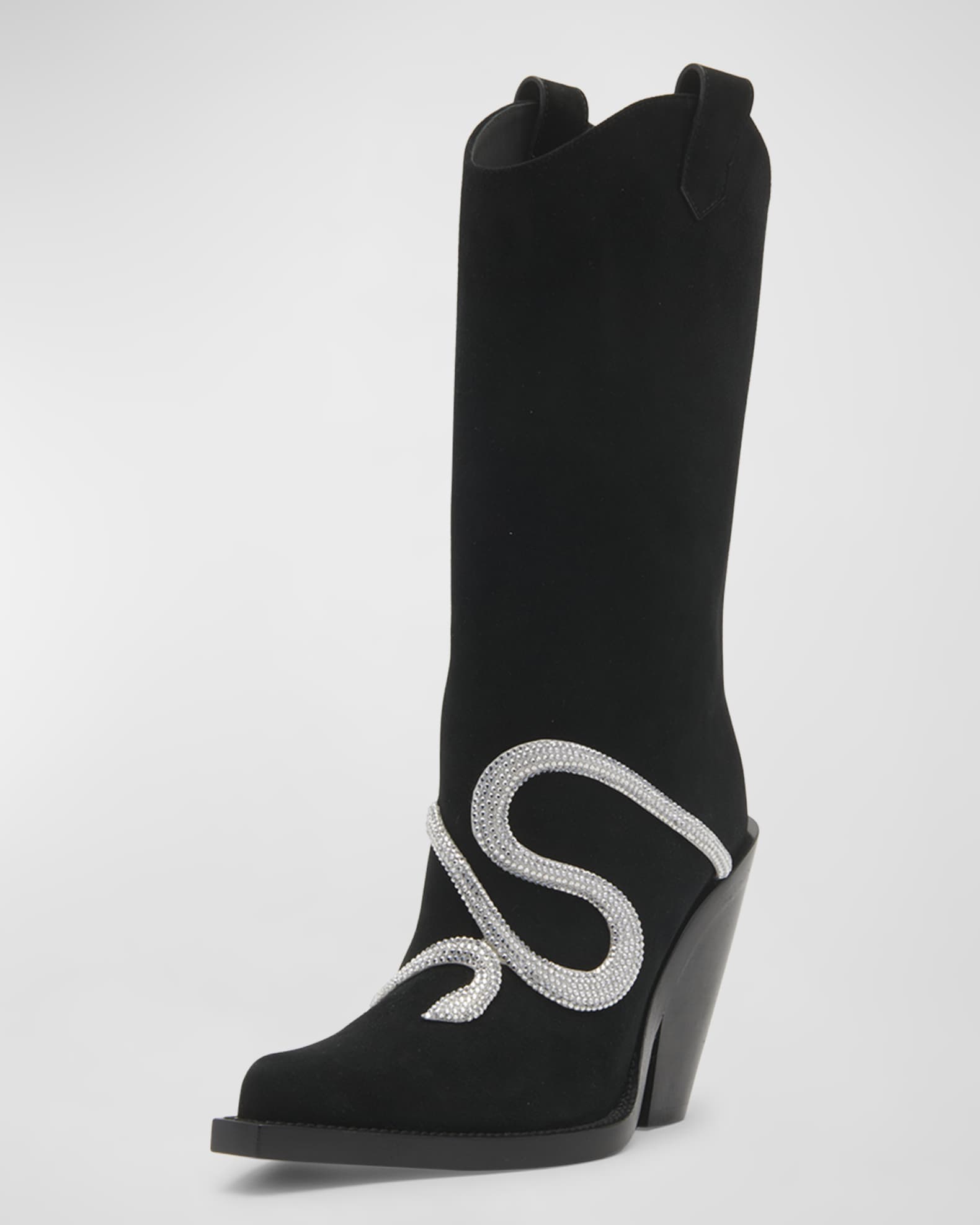 Rene Caovilla Suede Snake Strass Western Boots | Neiman Marcus