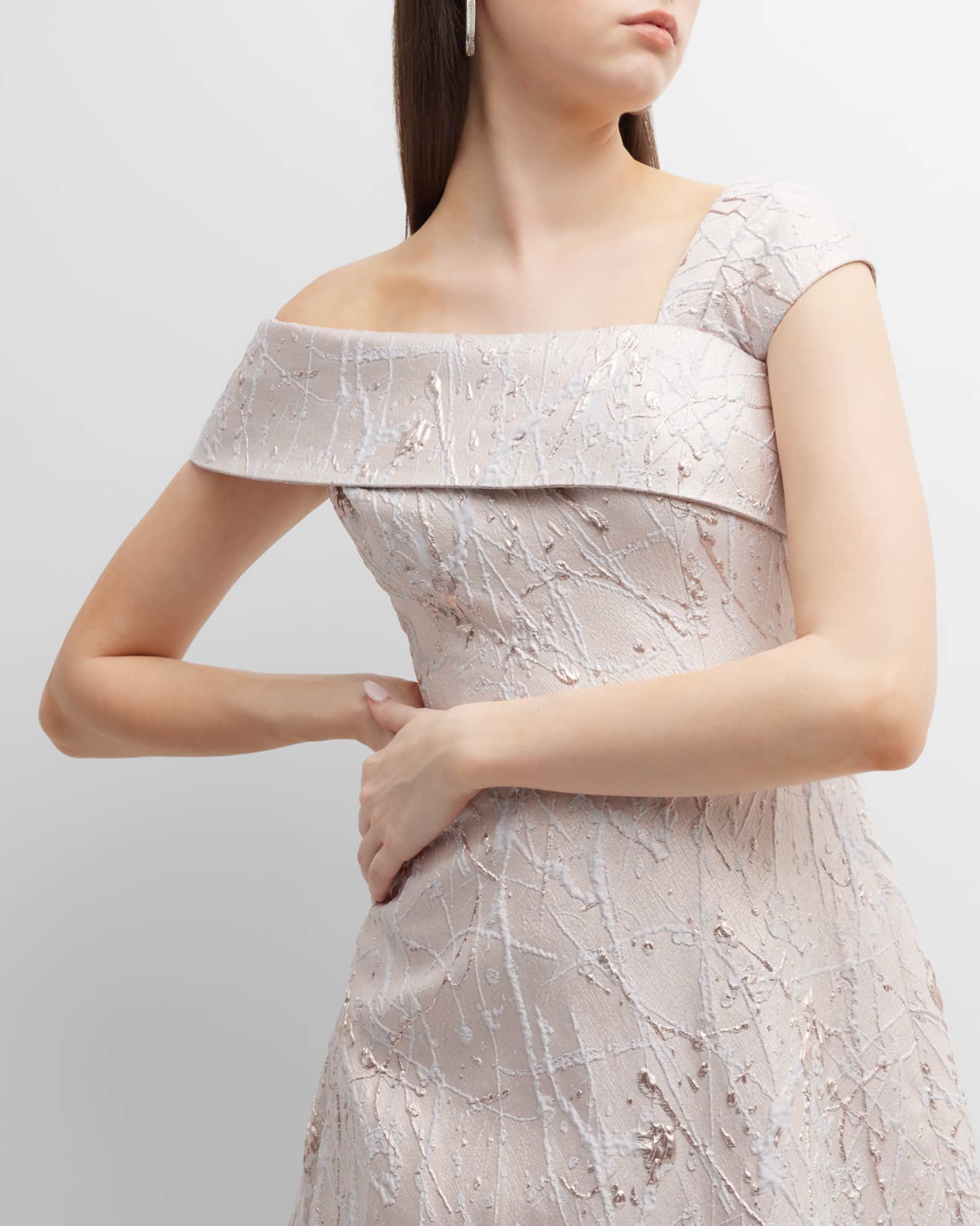 Rickie Freeman for Teri Jon Asymmetric Metallic Jacquard Midi Dress ...