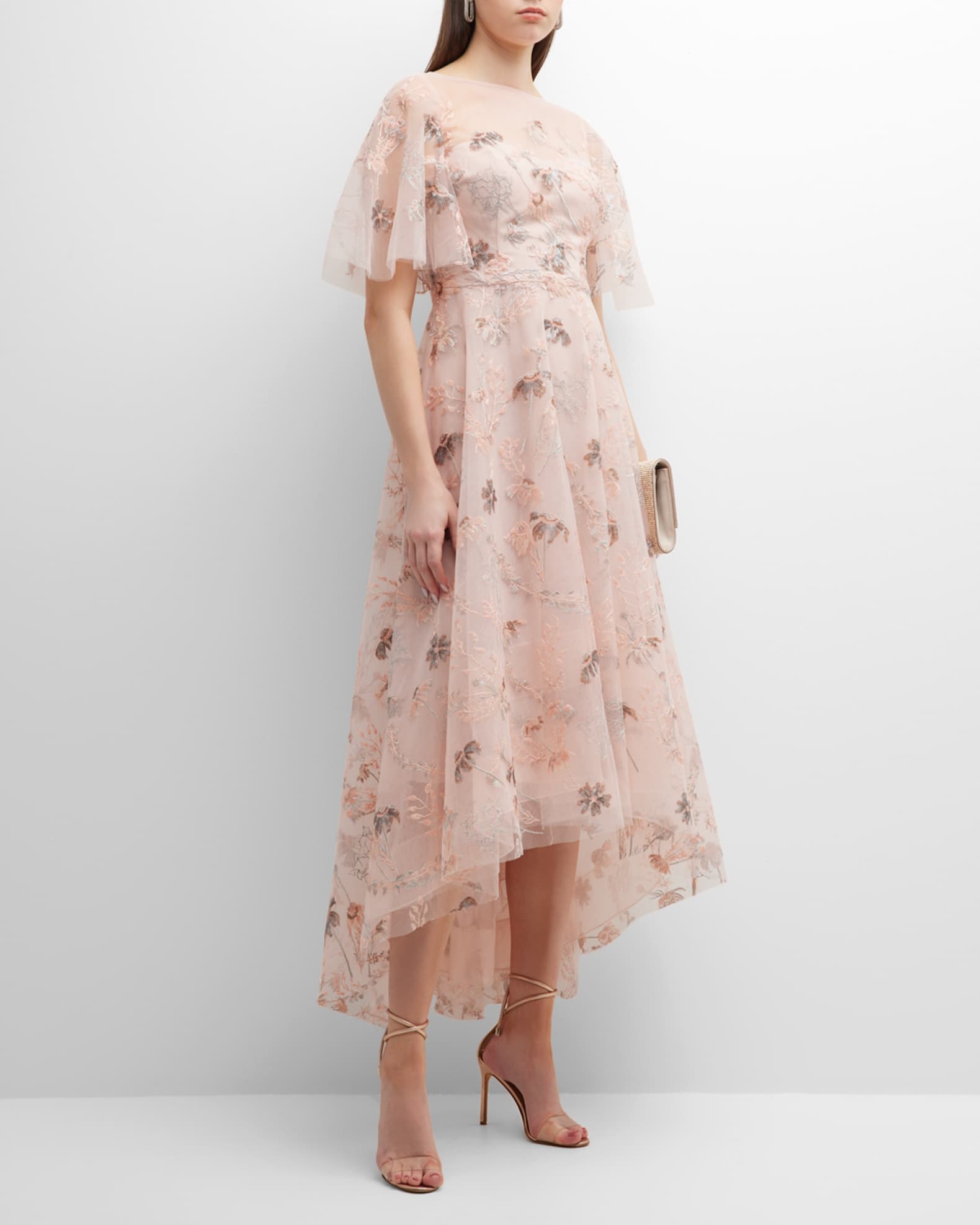 Rickie Freeman for Teri Jon High-Low Floral-Embroidered Tulle Gown ...