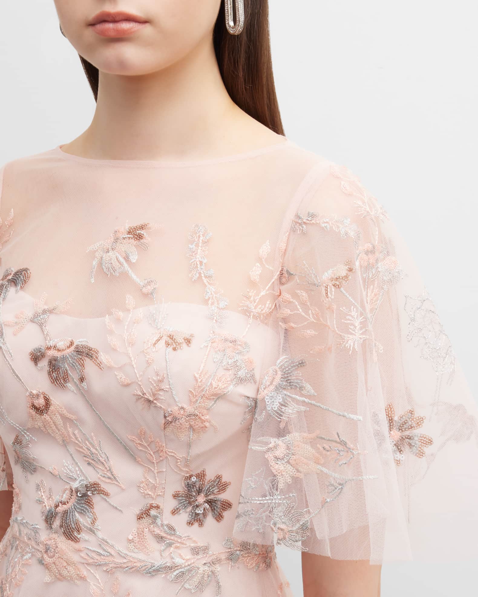 Rickie Freeman for Teri Jon High-Low Floral-Embroidered Tulle Gown ...