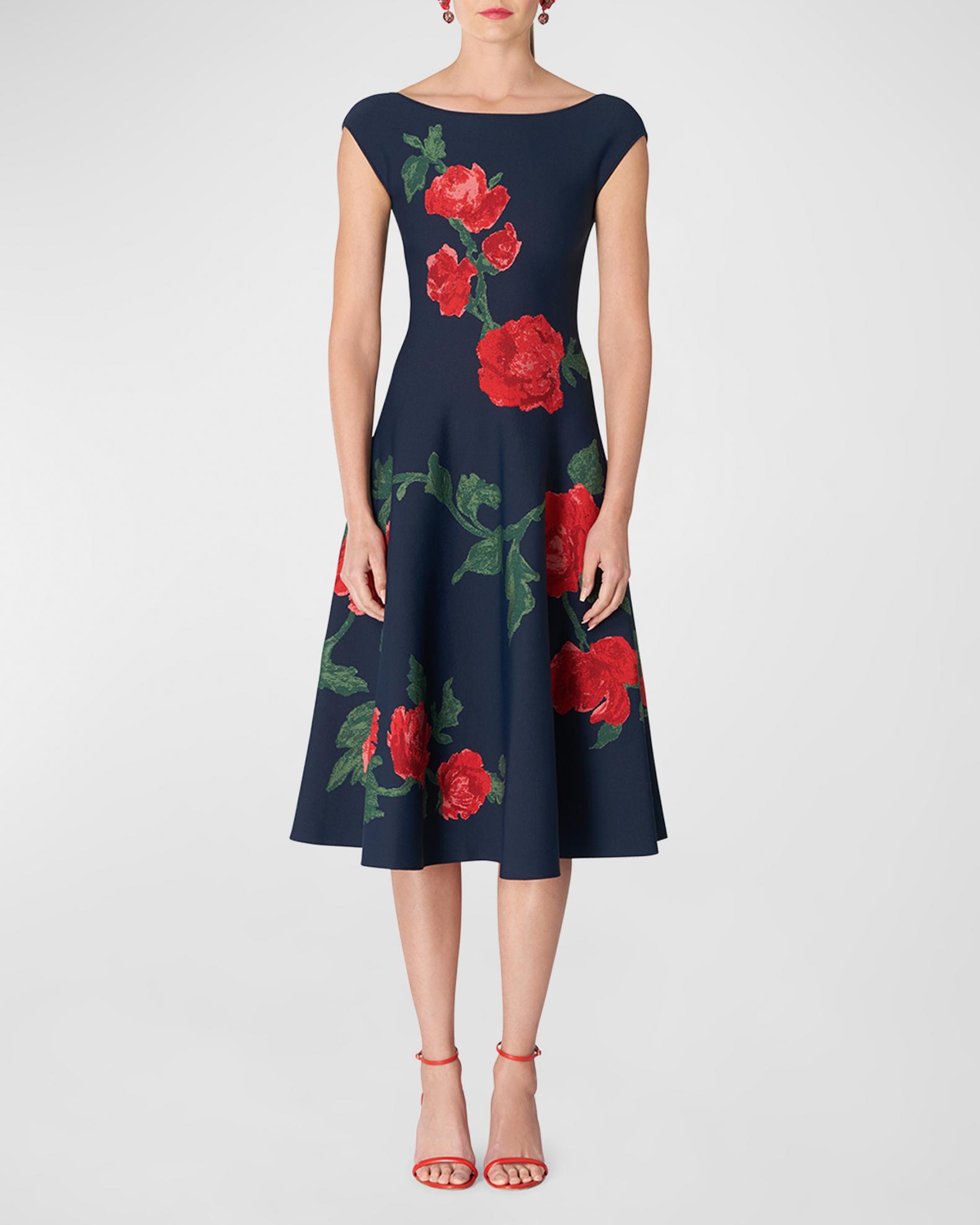 Carolina Herrera Floral Knit Bateau-Neck Fit-&-Flare Midi Dress ...