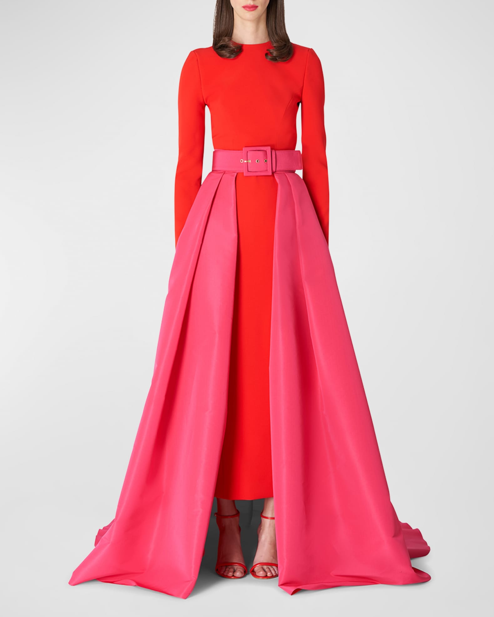 Carolina Herrera Column Gown with Attached Belted Overskirt | Neiman Marcus