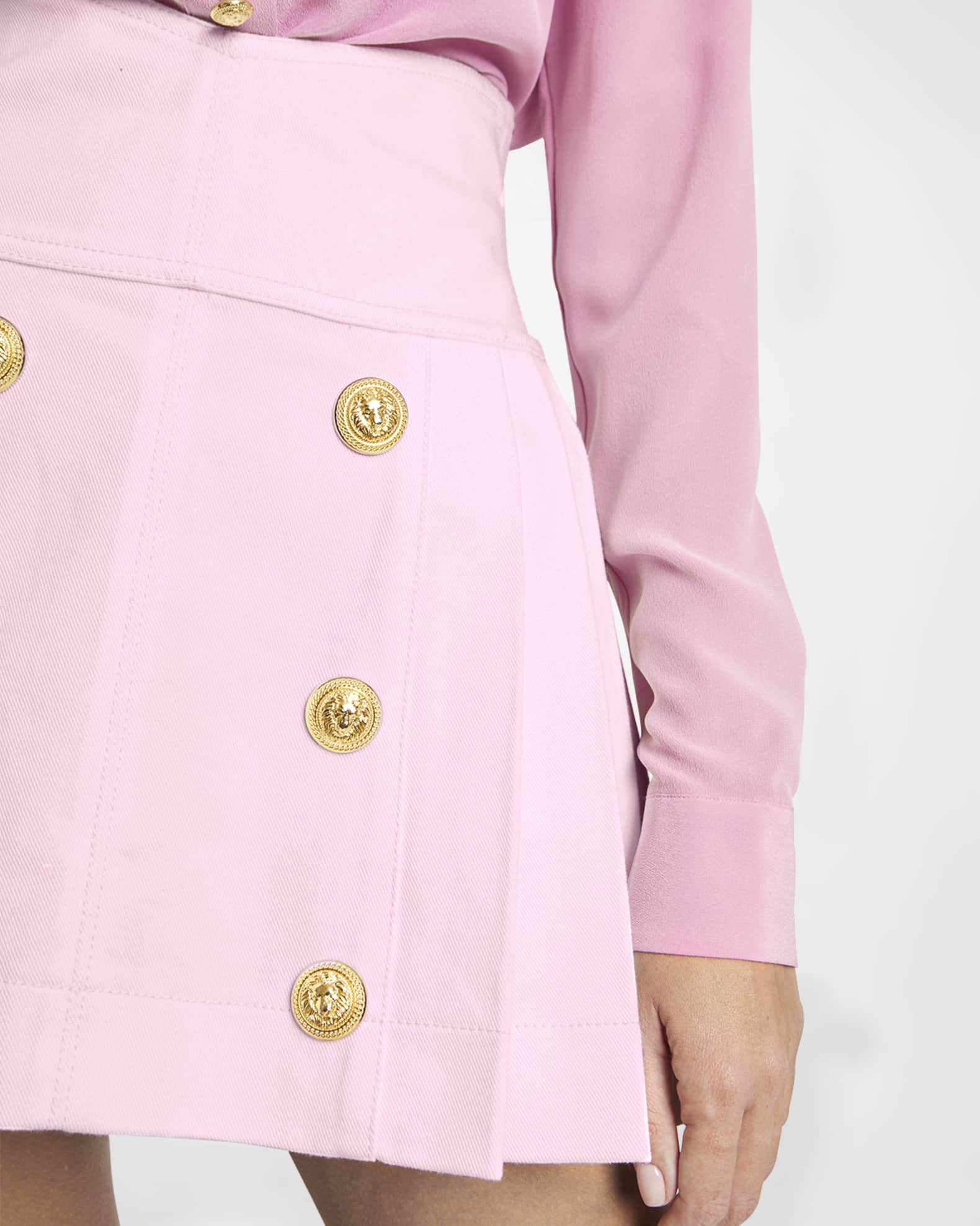 Balmain 6-Button Pleated Denim Mini Skirt, Light Pink | Neiman Marcus