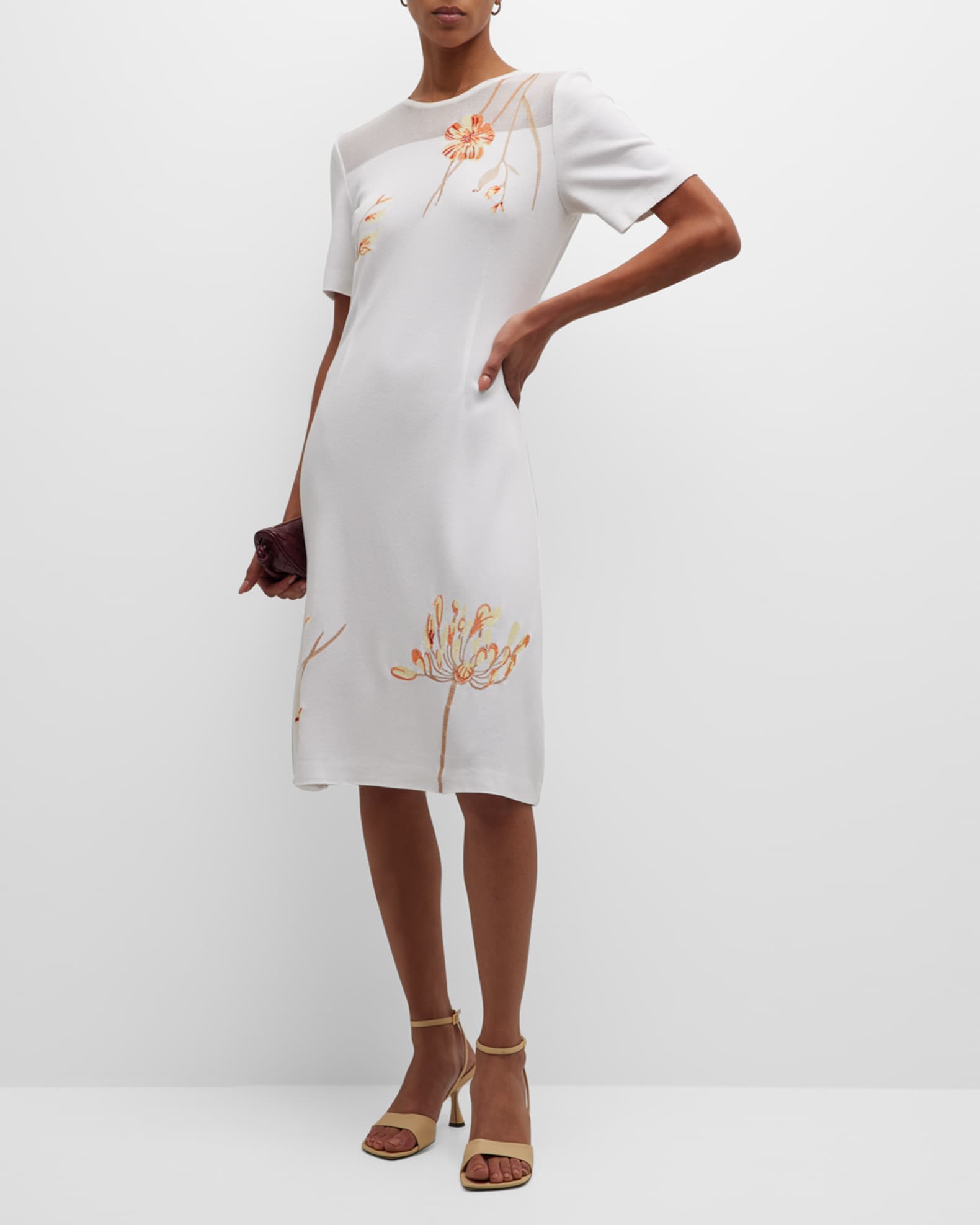 Misook Floral-Embroidered A-Line Midi Dress | Neiman Marcus