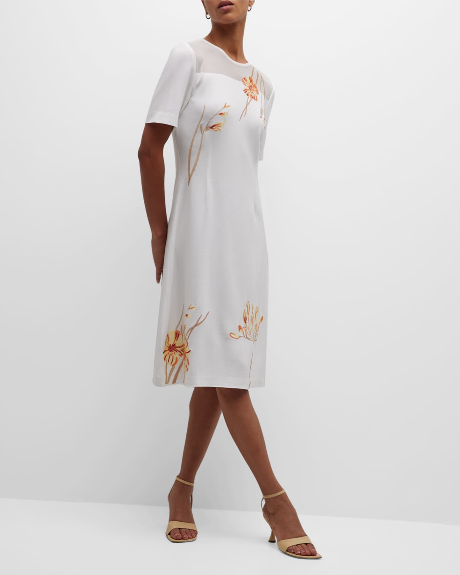 Misook Floral-Embroidered A-Line Midi Dress | Neiman Marcus