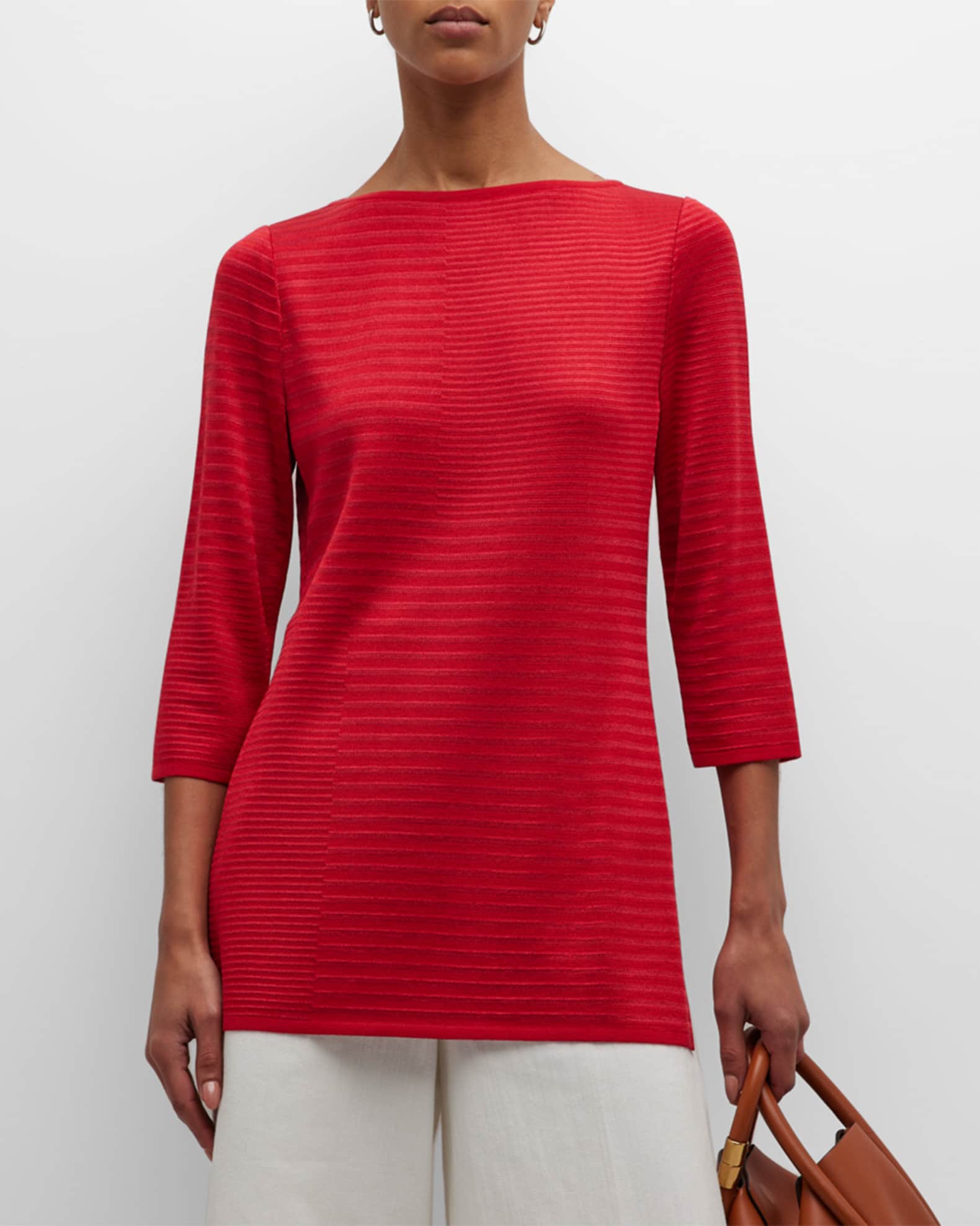 Misook Ribbed Side-Slit 3/4-Sleeve Tunic | Neiman Marcus