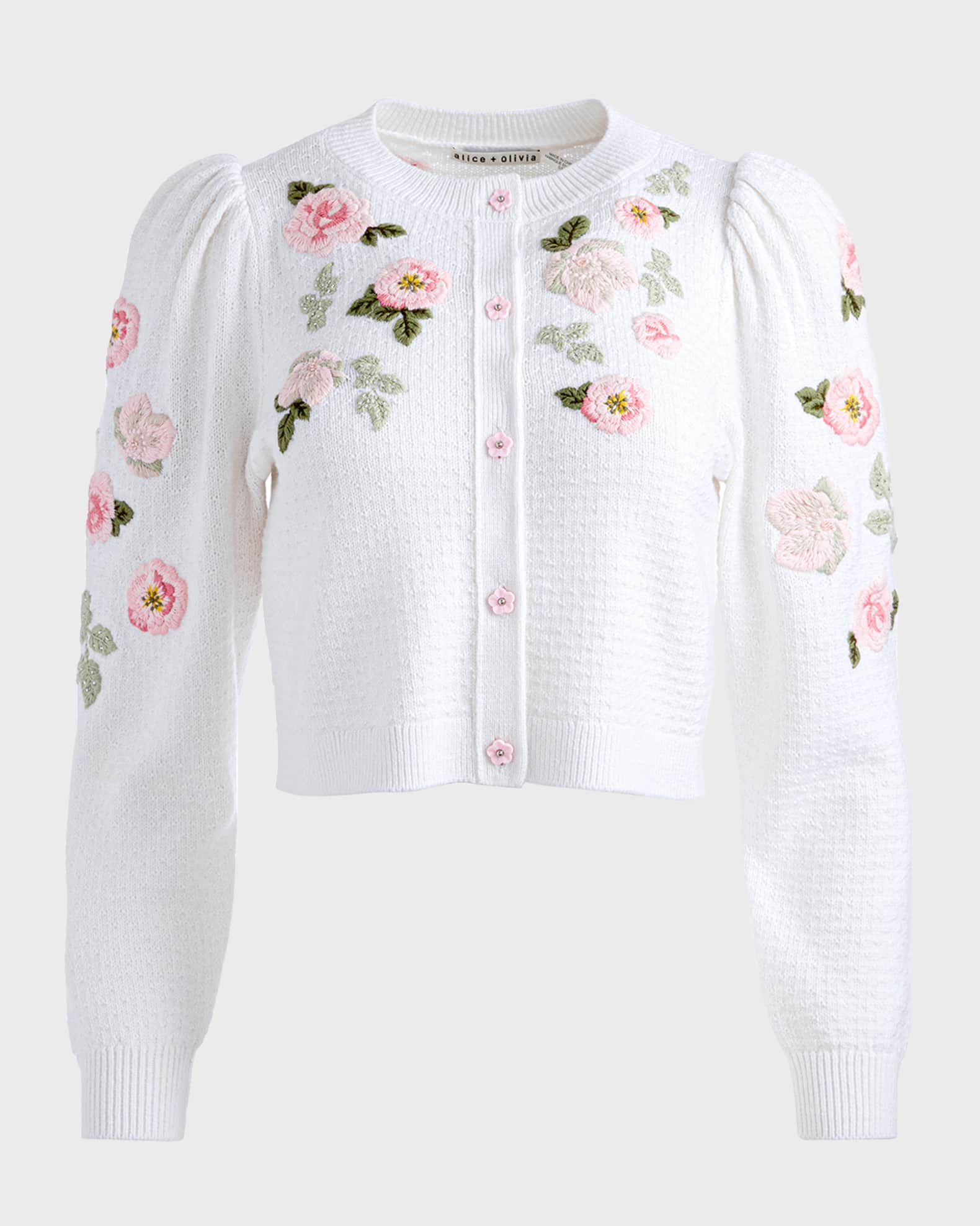 Alice + Olivia Kitty Floral-Embroidered Puff-Sleeve Cardigan | Neiman ...