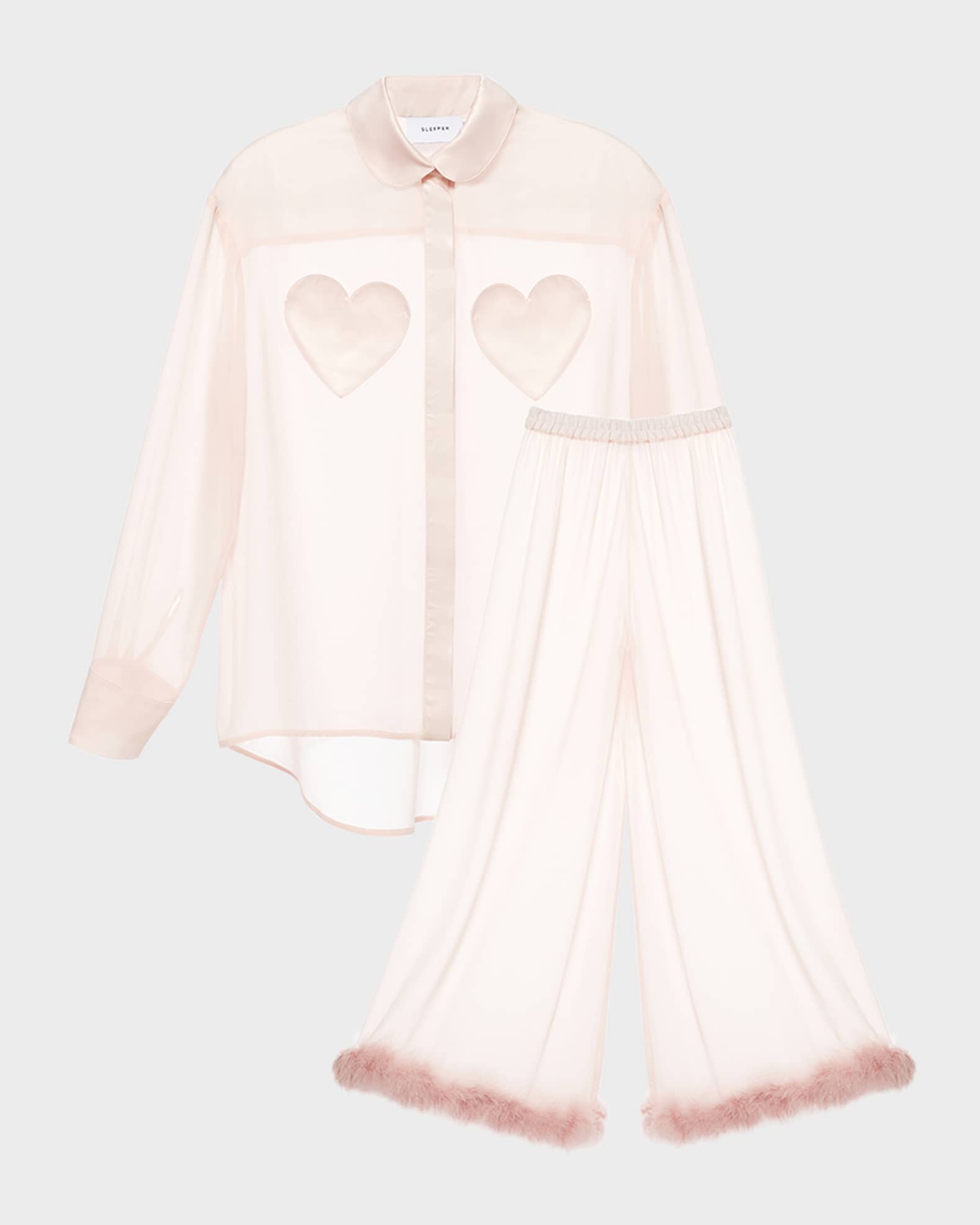 Sleeper Wide-Leg Feather-Trim Sheer Lounge Pants | Neiman Marcus