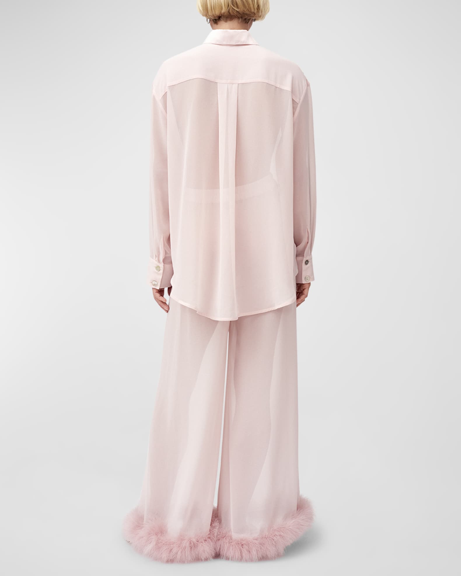 Sleeper Wide-Leg Feather-Trim Sheer Lounge Pants | Neiman Marcus
