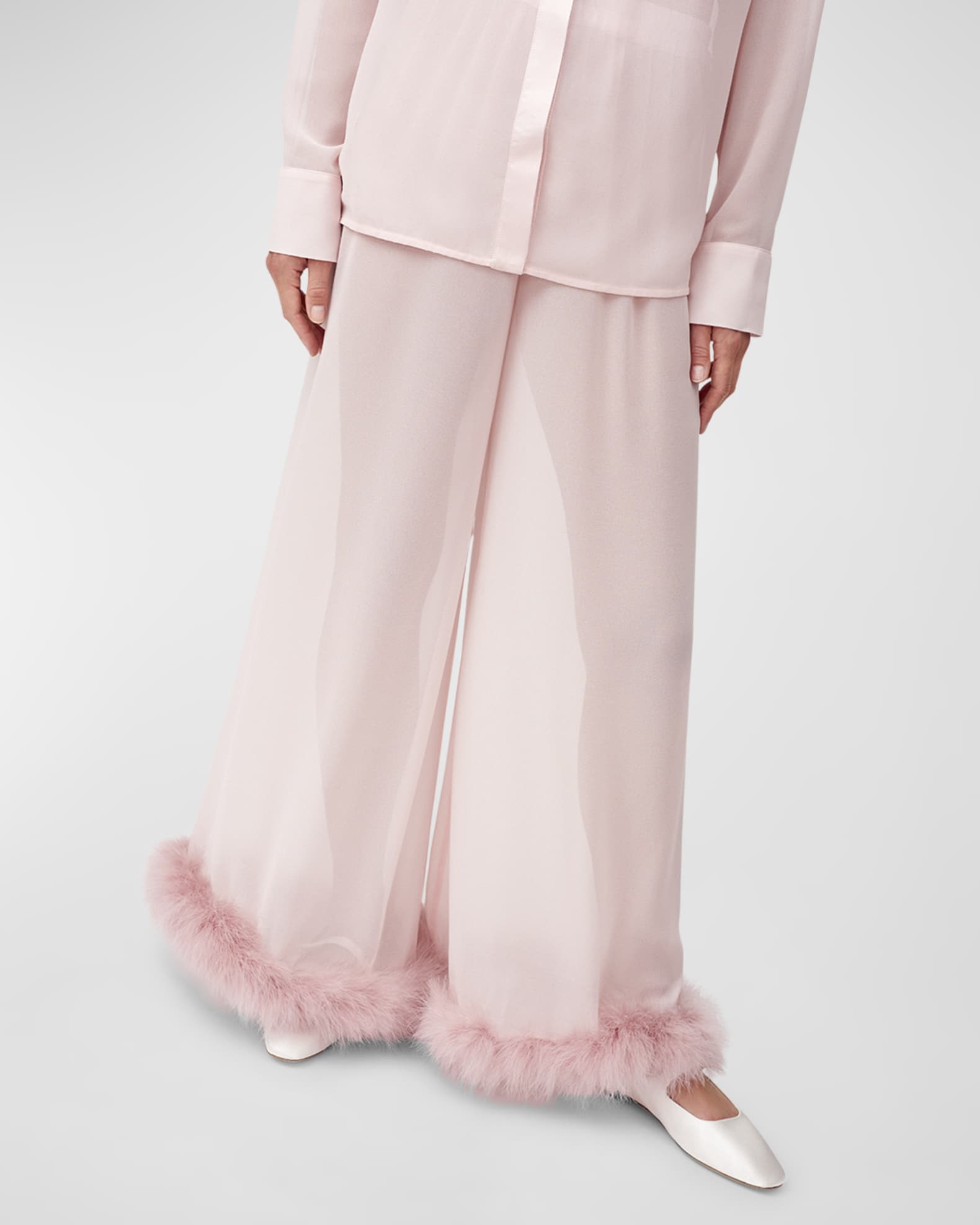 Sleeper Wide-Leg Feather-Trim Sheer Lounge Pants | Neiman Marcus