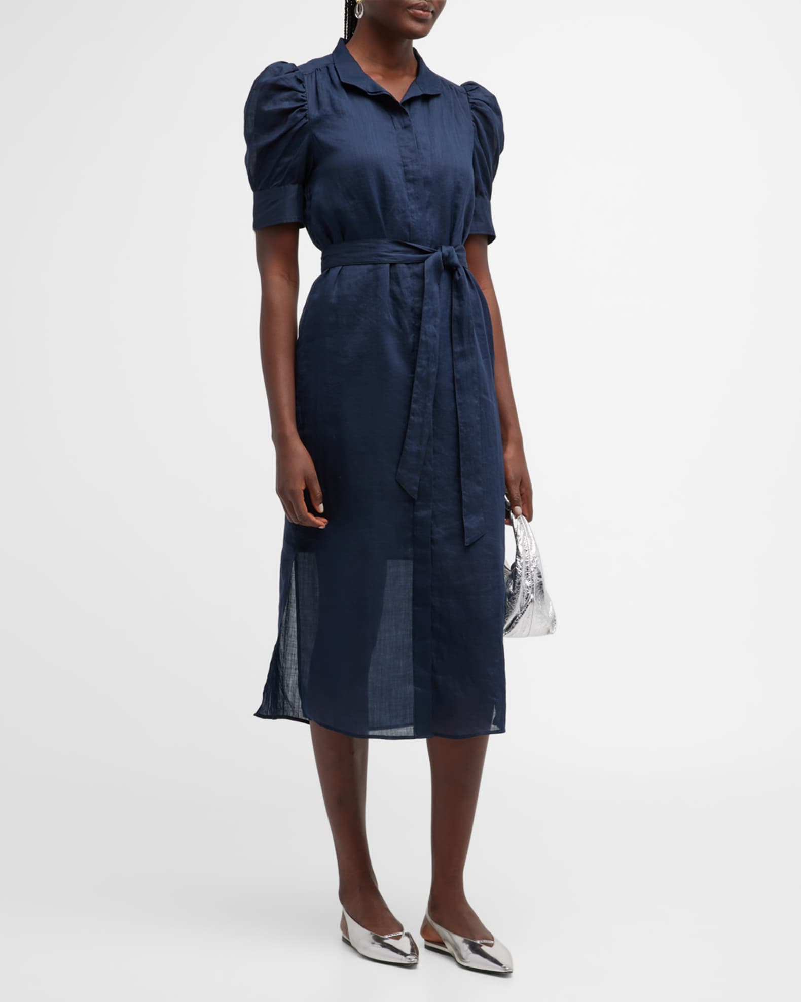 FRAME Gillian Ruched-Sleeve Midi Dress | Neiman Marcus