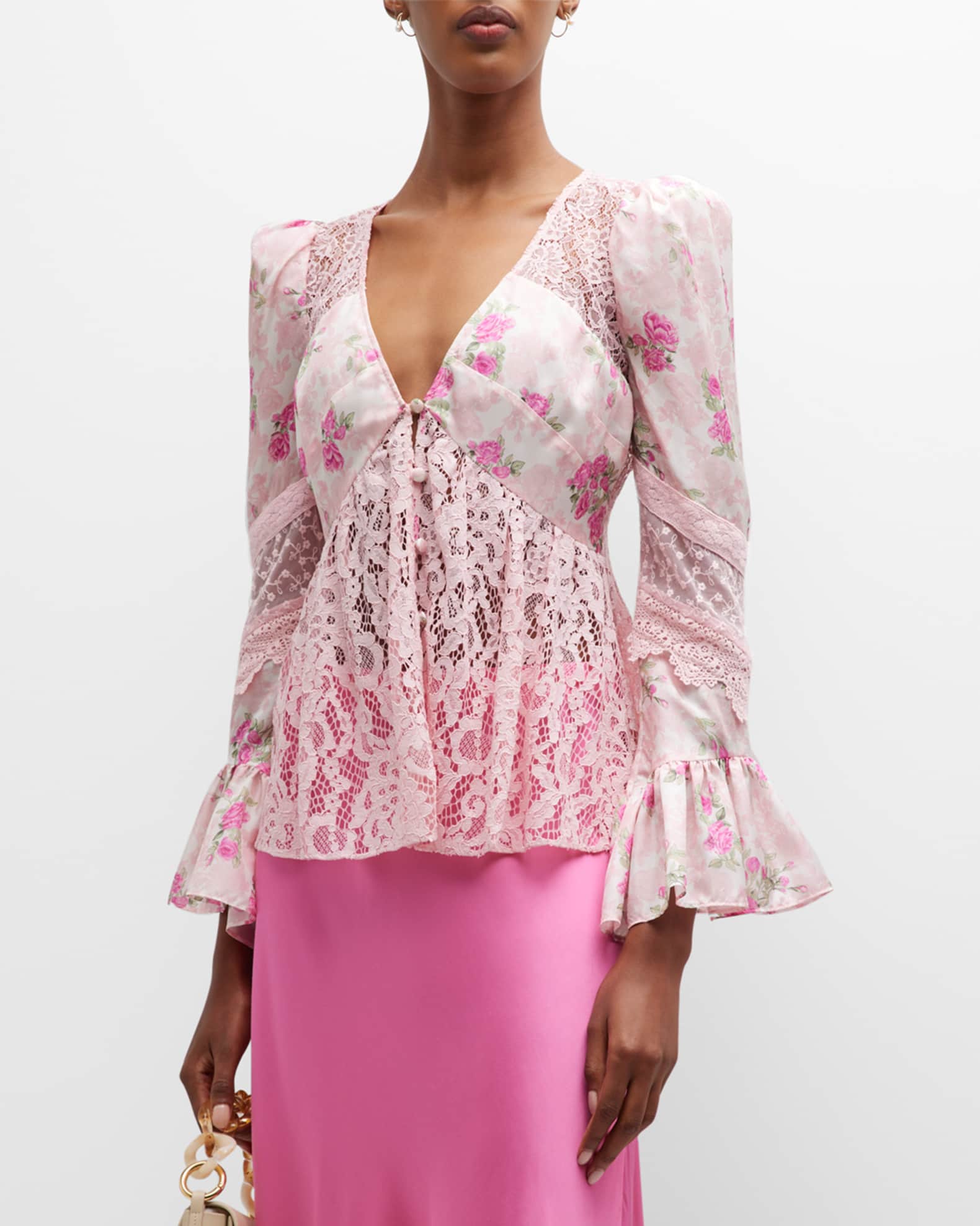 LoveShackFancy Priema Floral Silk & Lace Top | Neiman Marcus