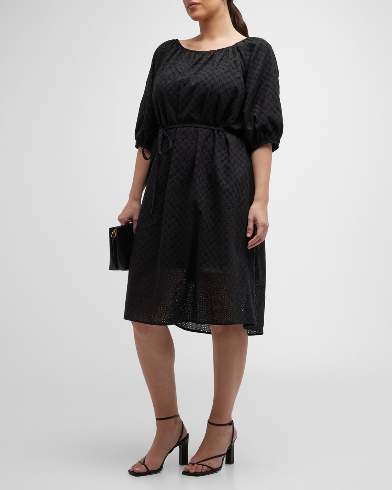 Whitney Morgan Plus Size Blouson-Sleeve Eyelet Midi Dress | Neiman Marcus