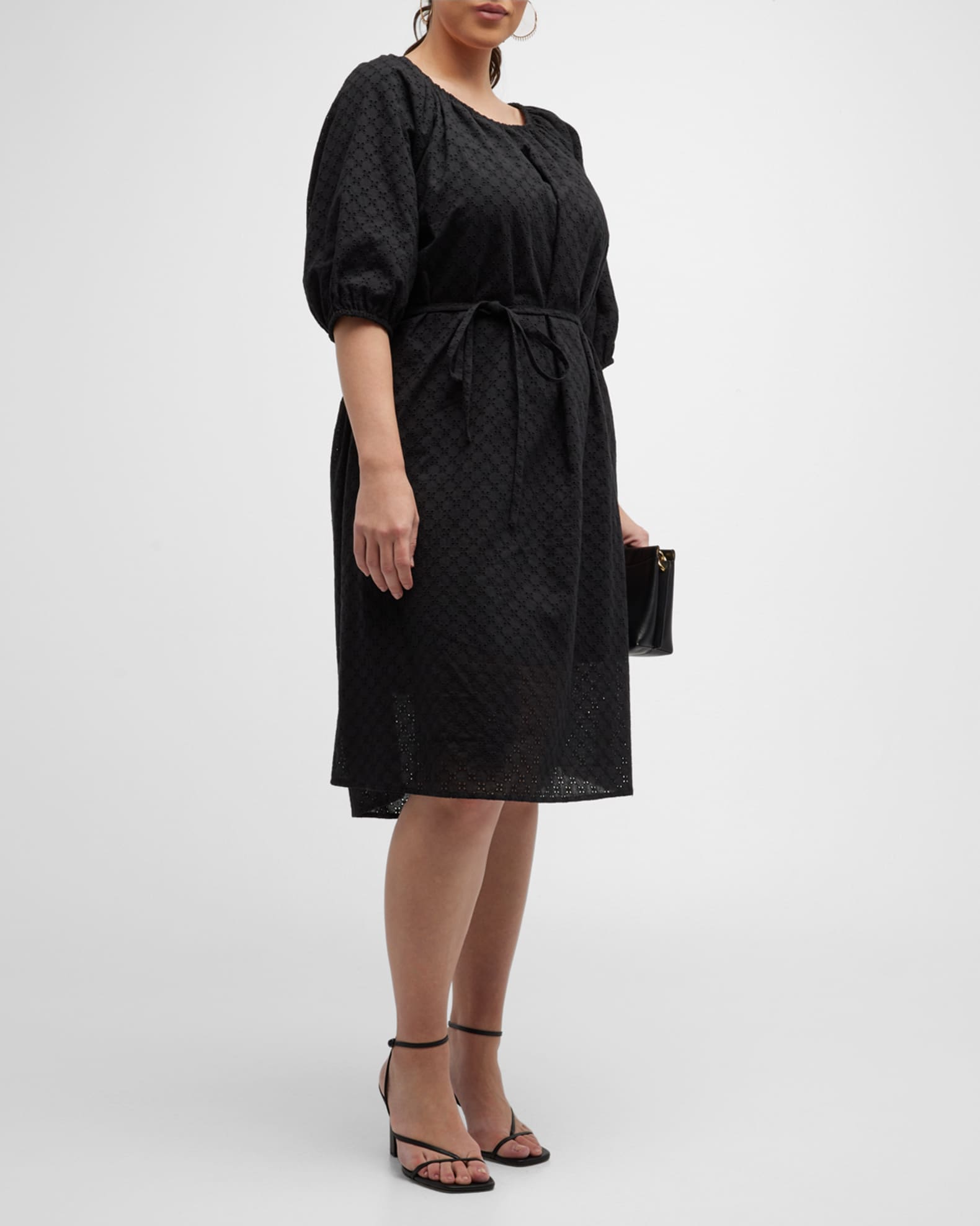 Whitney Morgan Plus Size Blouson-Sleeve Eyelet Midi Dress | Neiman Marcus