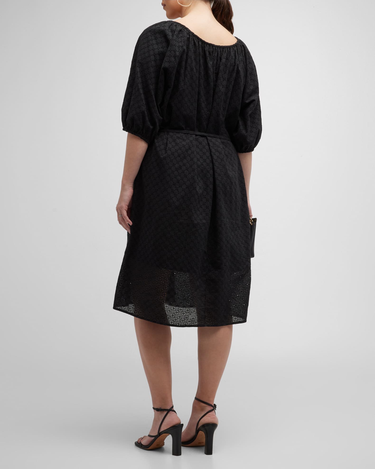 Whitney Morgan Plus Size Blouson-Sleeve Eyelet Midi Dress | Neiman Marcus
