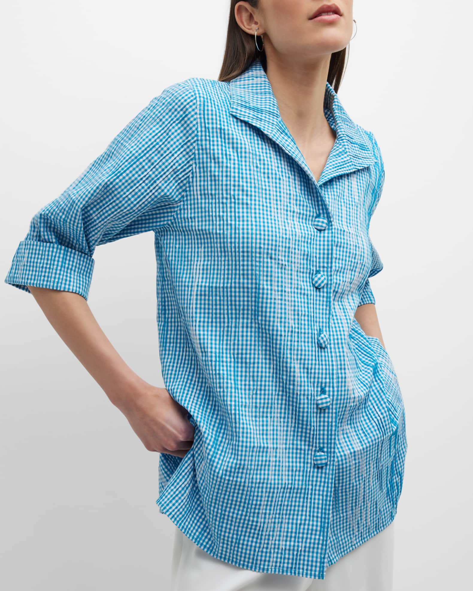 Caroline Rose Crinkled Gingham Button-Down Shirt | Neiman Marcus