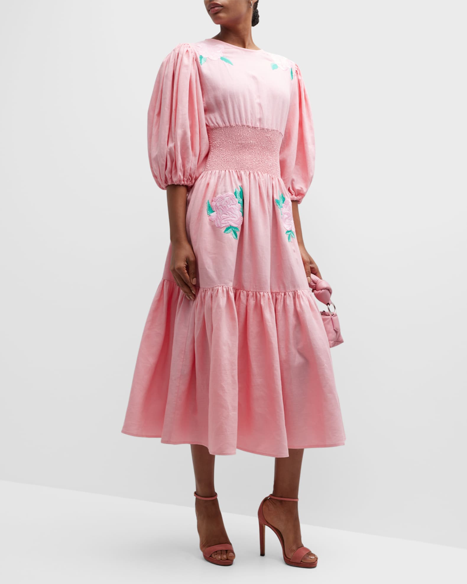 FANM MON Sandras Embroidered Linen Puff-Sleeve Midi Dress | Neiman Marcus