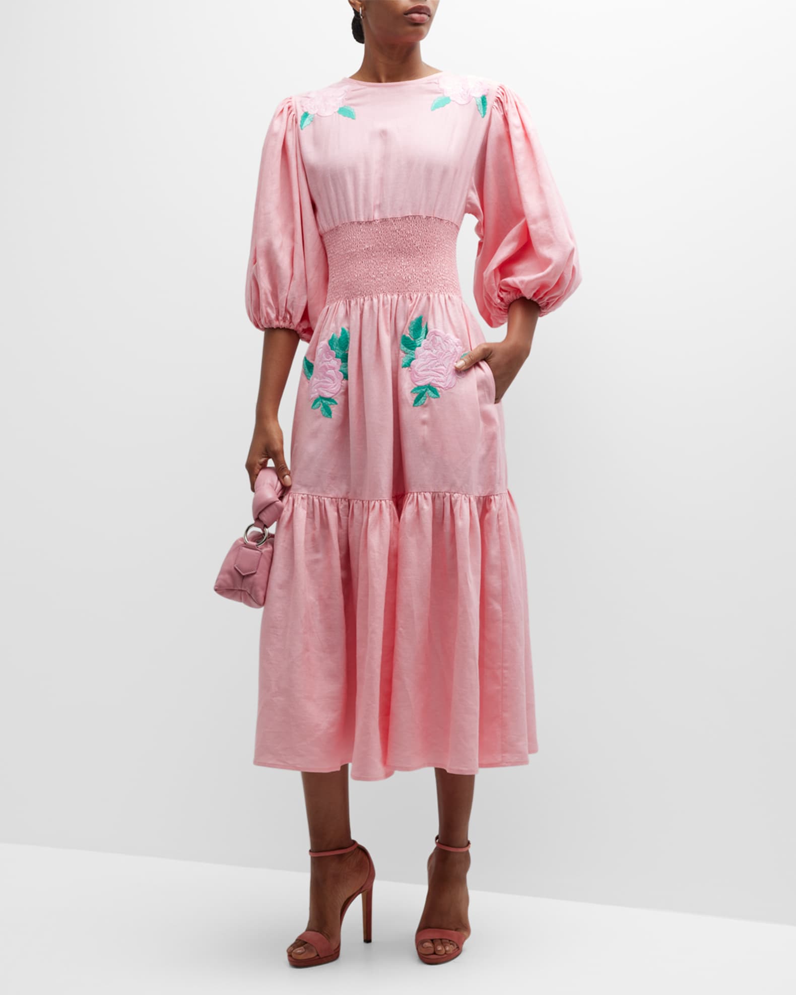 FANM MON Sandras Embroidered Linen Puff-Sleeve Midi Dress | Neiman Marcus