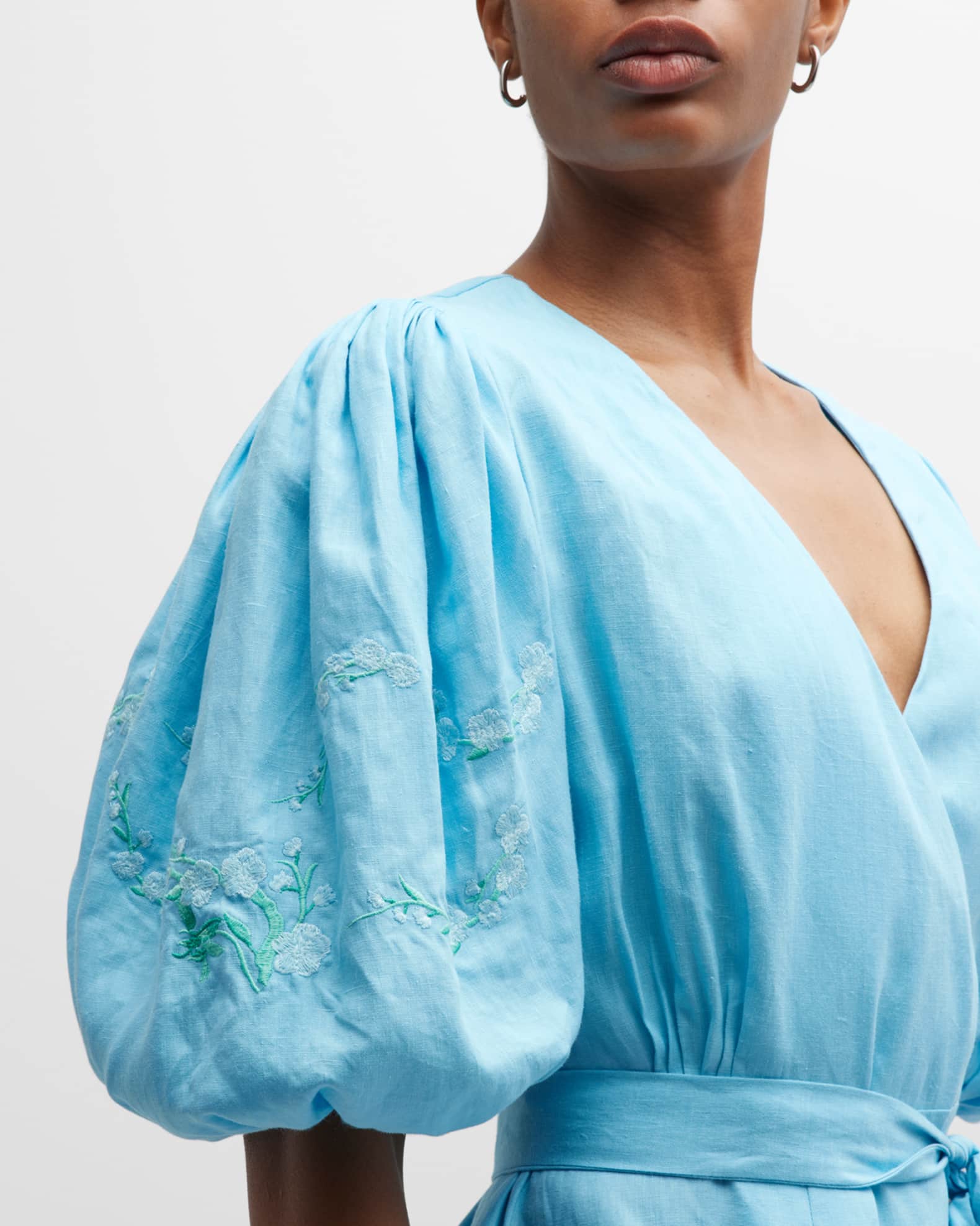FANM MON Elif Embroidered Linen Puff-Sleeve Mini Wrap Dress | Neiman Marcus