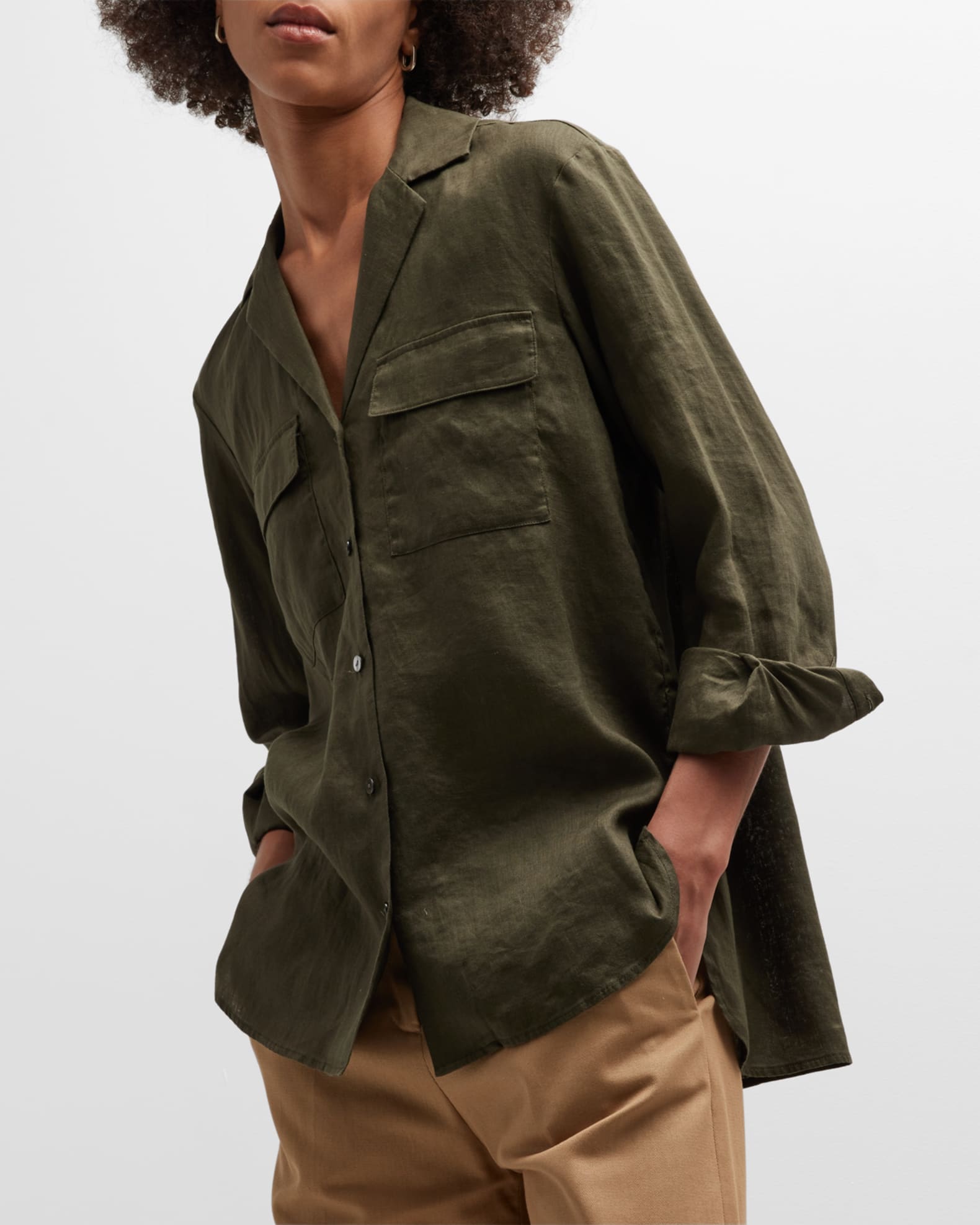 Theory Notched-Collar Relaxed Linen Shirt | Neiman Marcus
