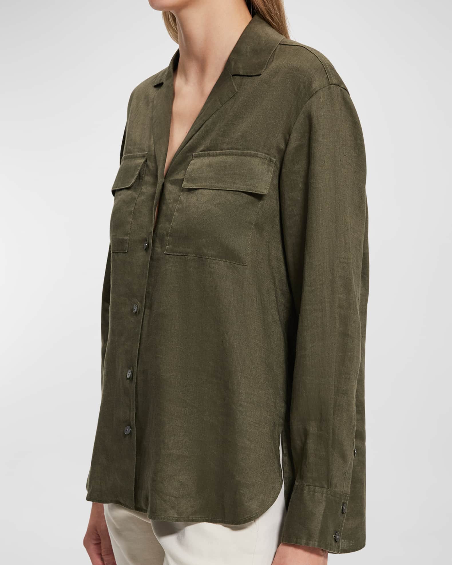 Theory Notched-Collar Relaxed Linen Shirt | Neiman Marcus