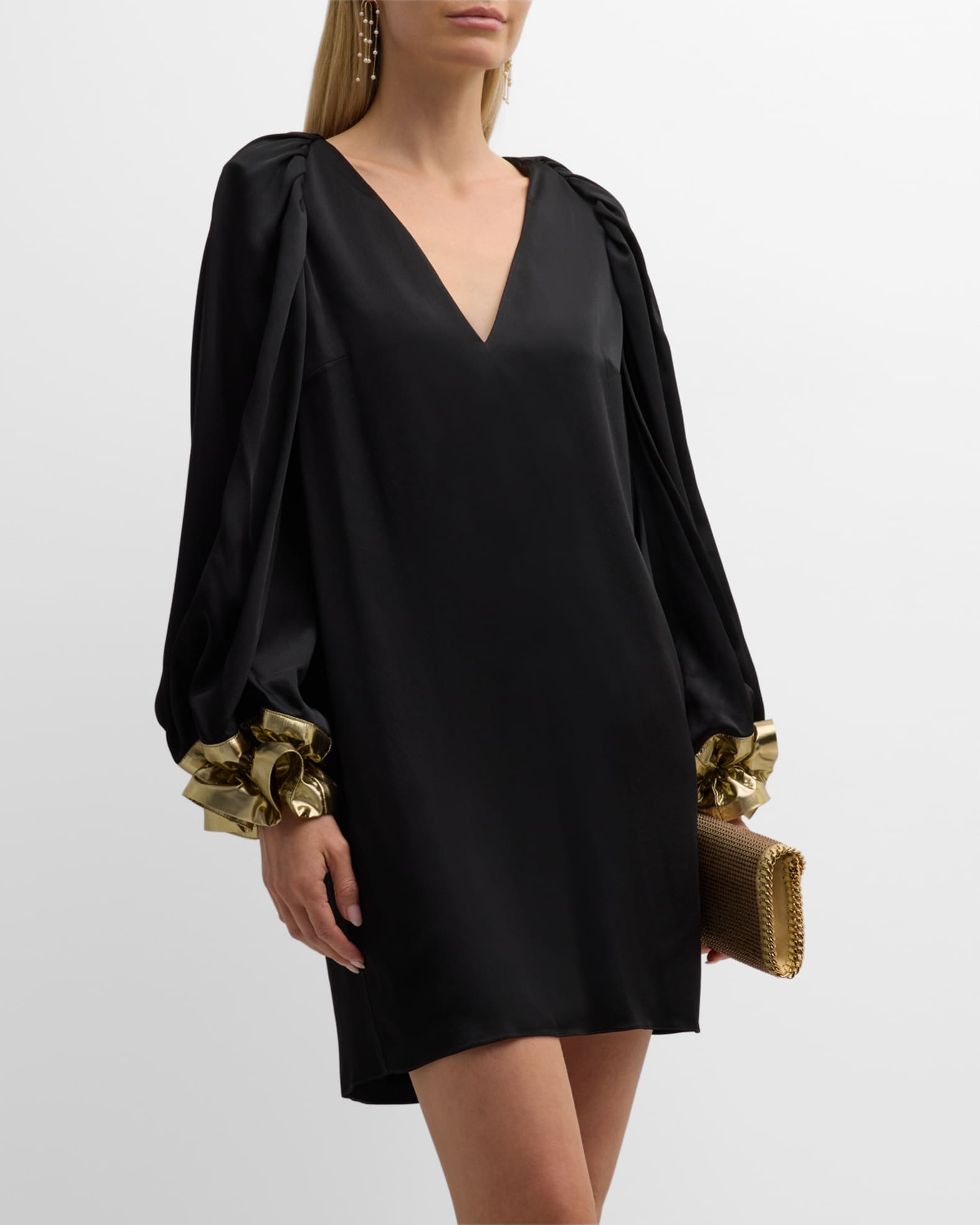 Halpern V-Neck Puff-Sleeve Ruffle-Cuff Mini Dress | Neiman Marcus