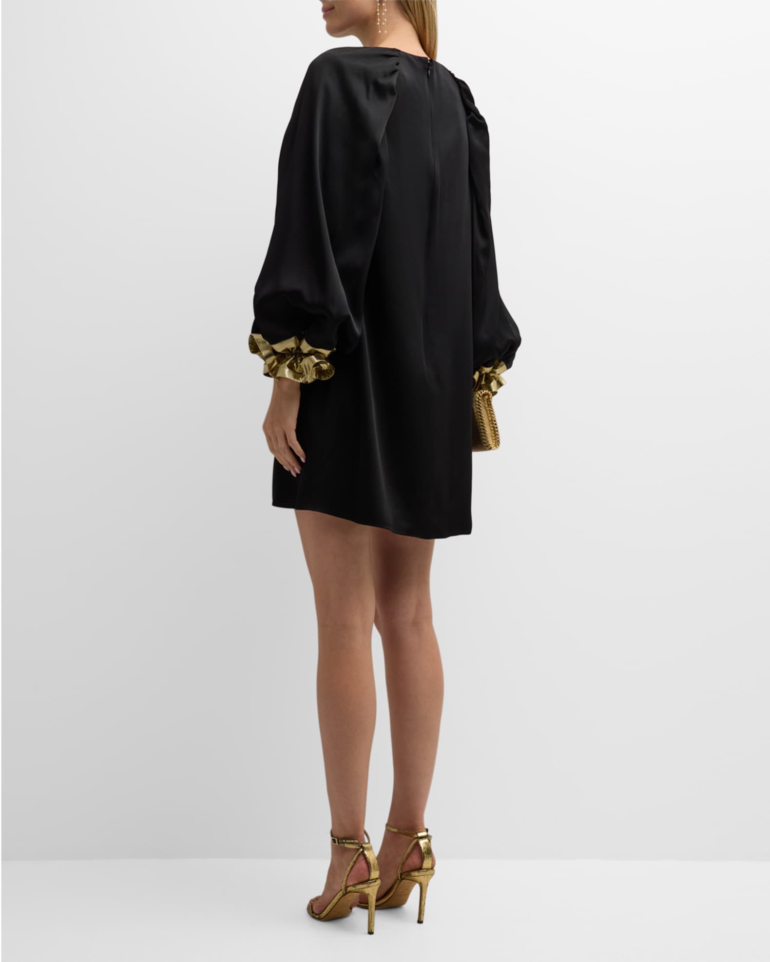 Halpern V-Neck Puff-Sleeve Ruffle-Cuff Mini Dress | Neiman Marcus