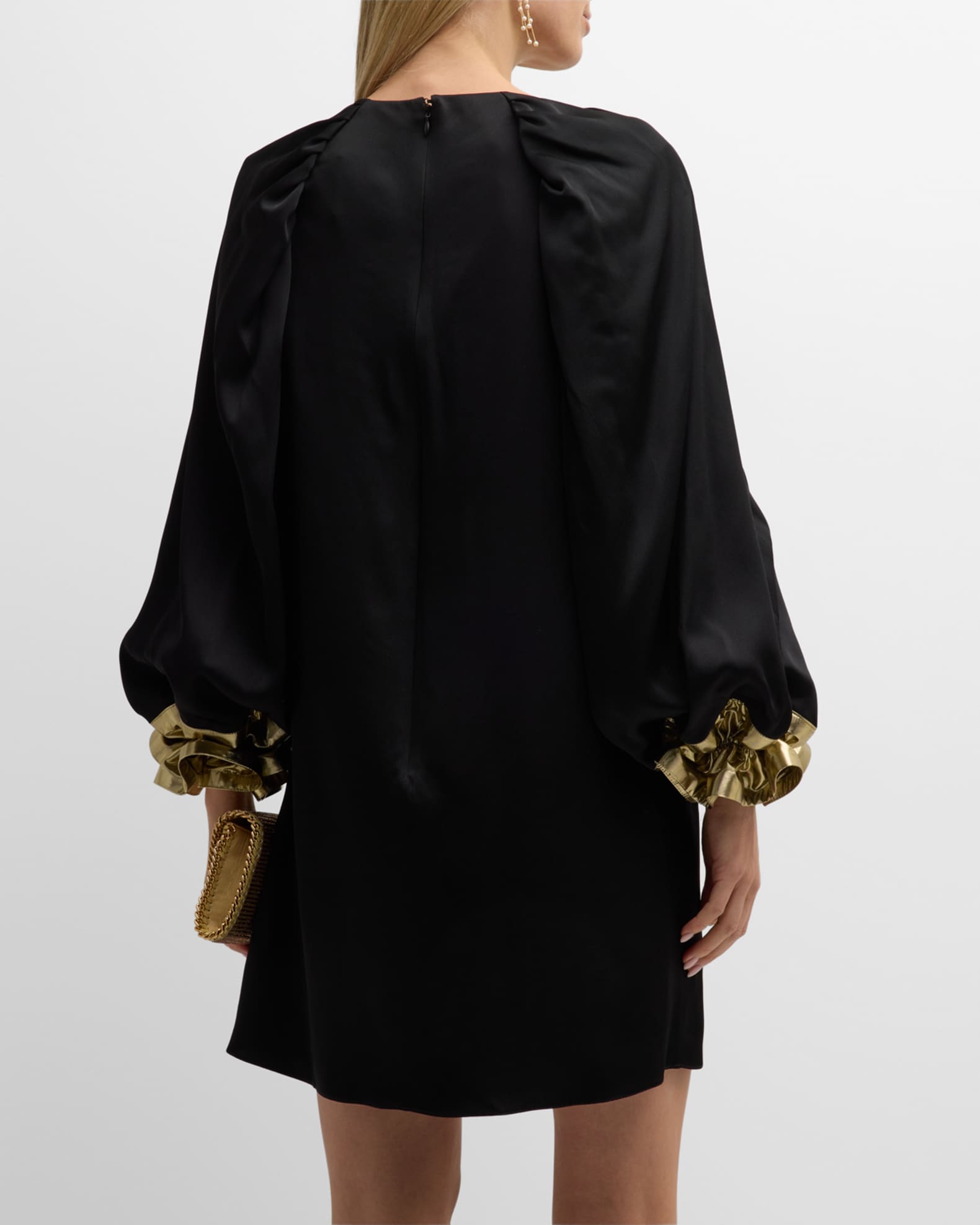 Halpern V-Neck Puff-Sleeve Ruffle-Cuff Mini Dress | Neiman Marcus