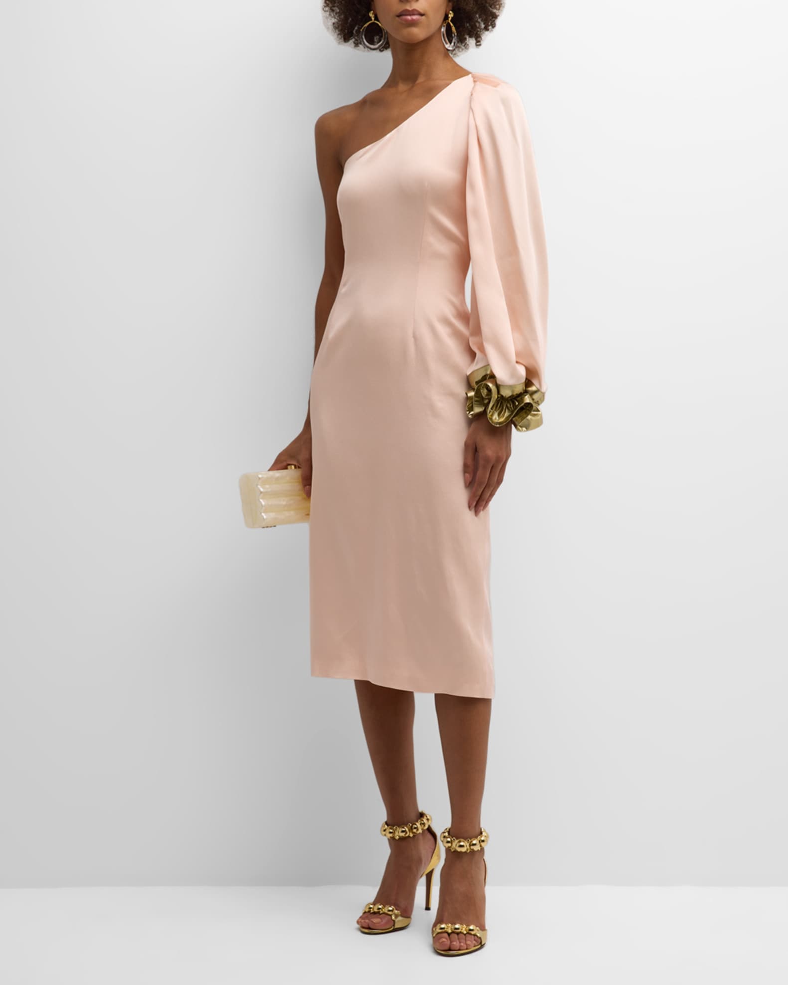Halpern One-Shoulder Puff-Sleeve Midi Dress | Neiman Marcus