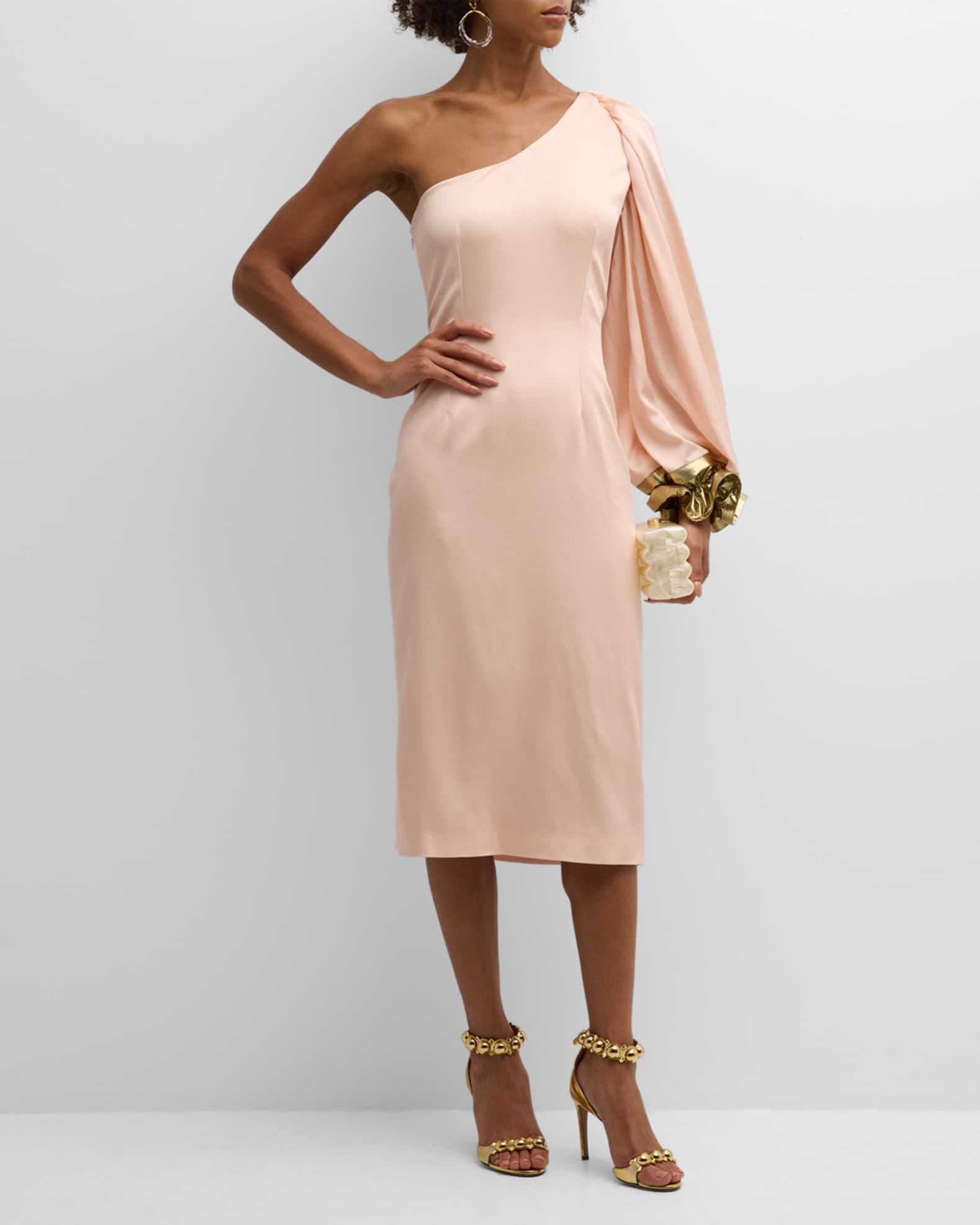 Halpern One-Shoulder Puff-Sleeve Midi Dress | Neiman Marcus