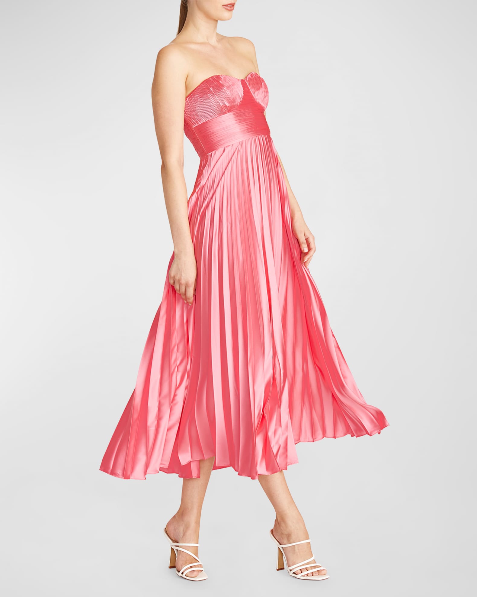 AMUR Kin Pleated Charmeuse Strapless Midi Dress | Neiman Marcus