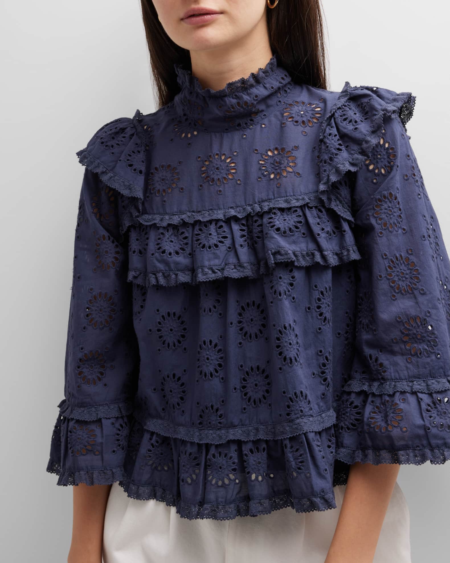 Stellah Eyelet Trimmed Bell-Sleeve Blouse | Neiman Marcus