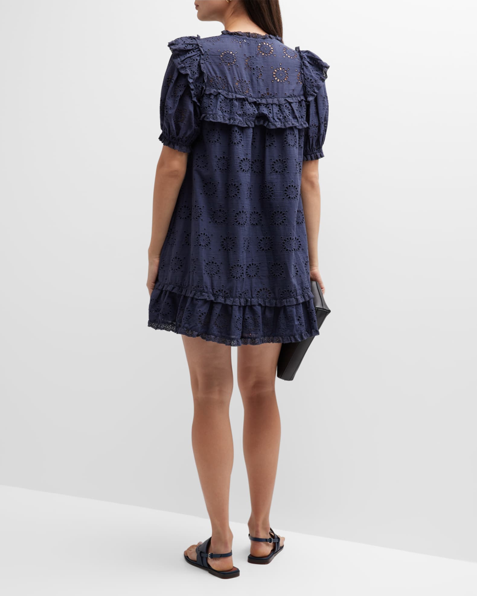 Stellah Eyelet Trimmed Split-Neck Mini Dress | Neiman Marcus