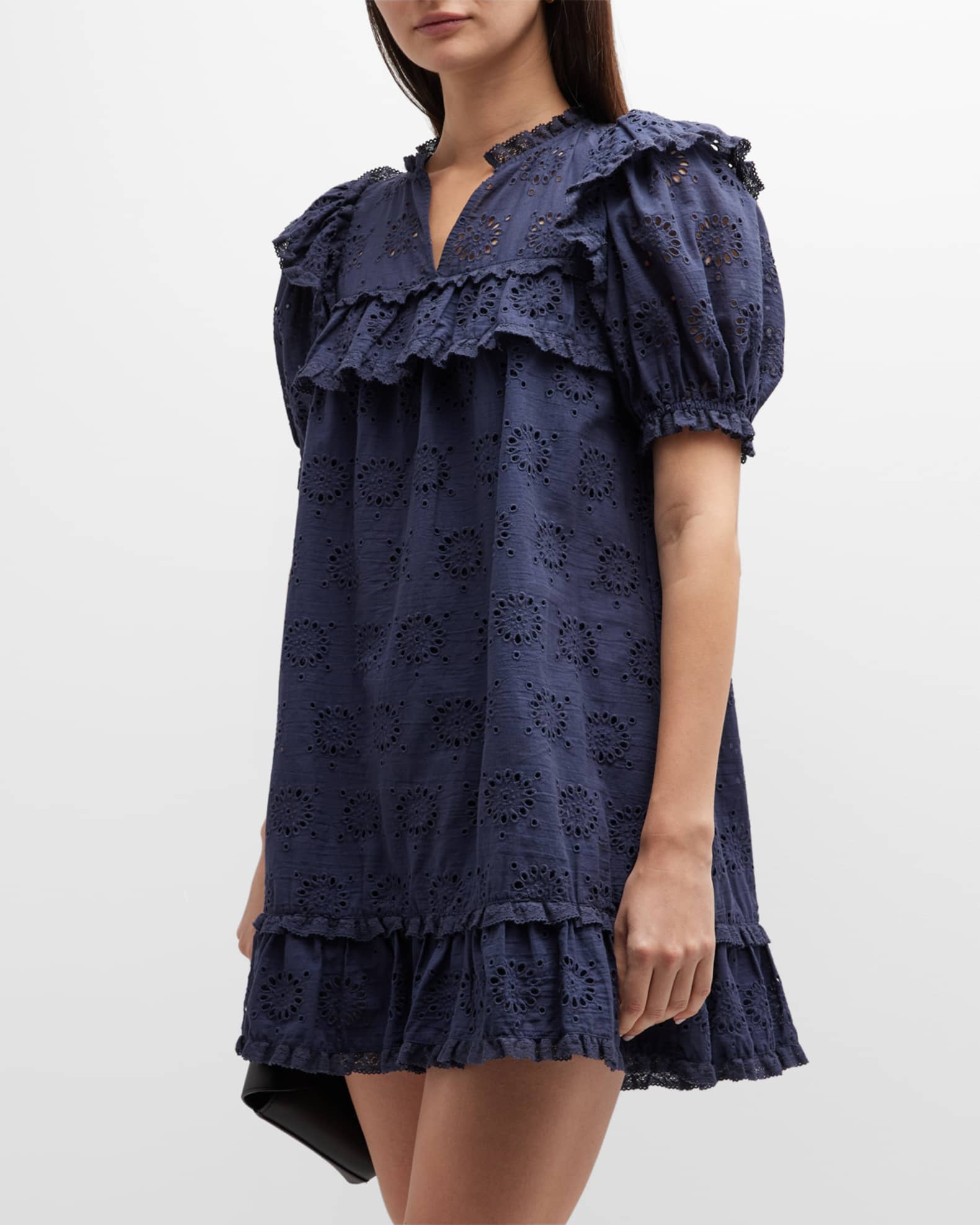 Stellah Eyelet Trimmed Split-Neck Mini Dress | Neiman Marcus