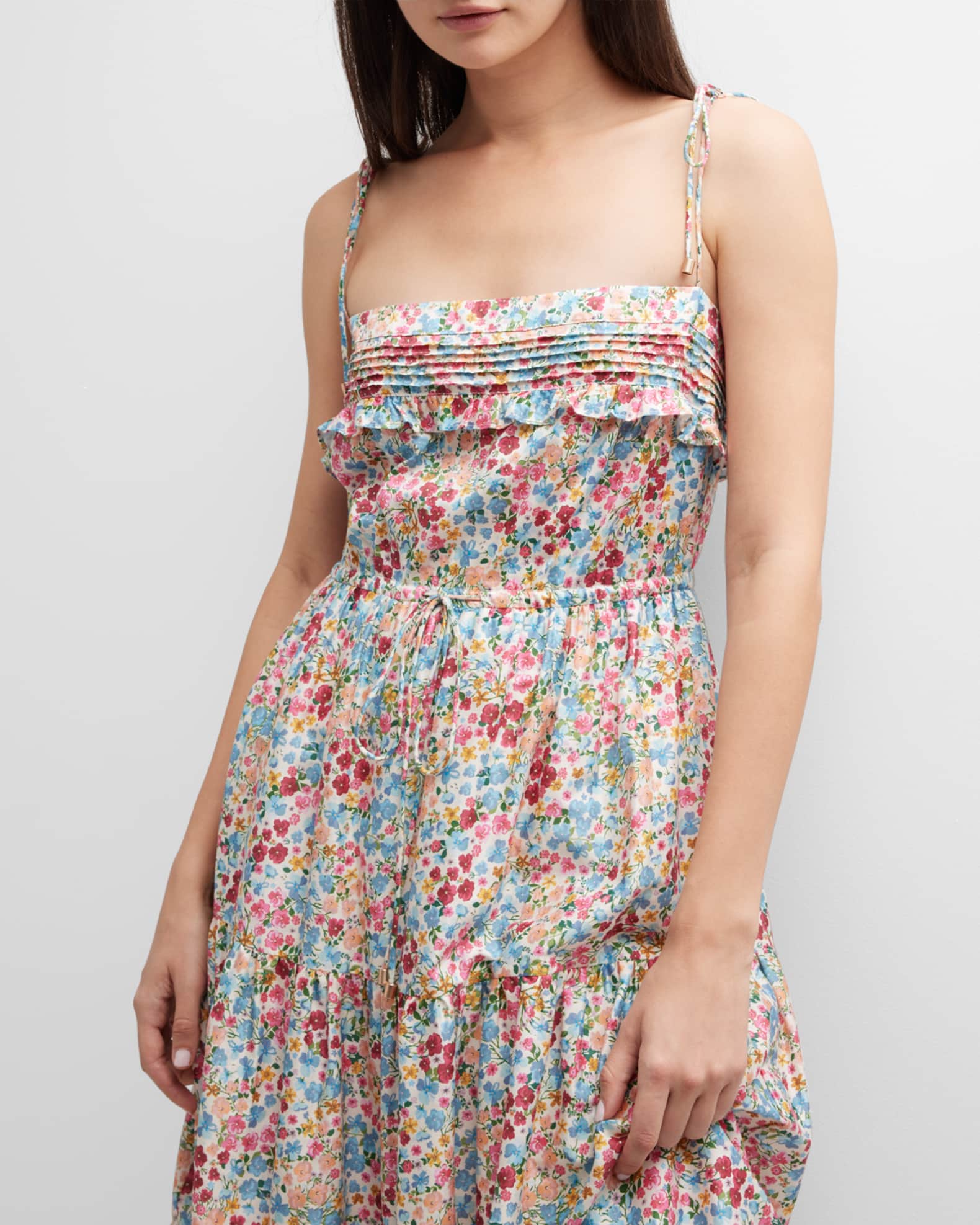 Stellah Floral-Print Tie-Shoulder Midi Dress | Neiman Marcus