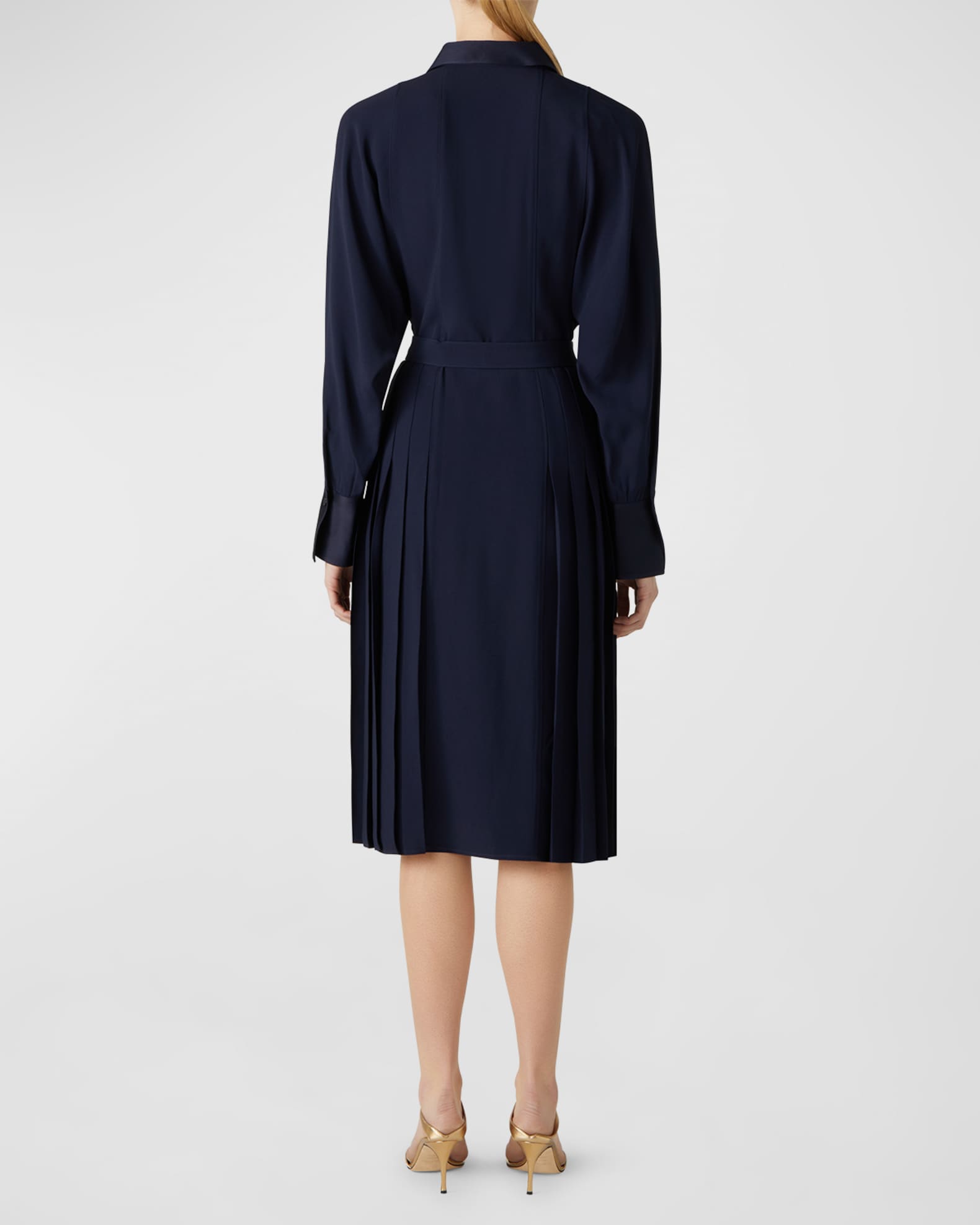 St. John Satin-Back Pleated Crepe Midi Shirtdress With Belt | Neiman Marcus