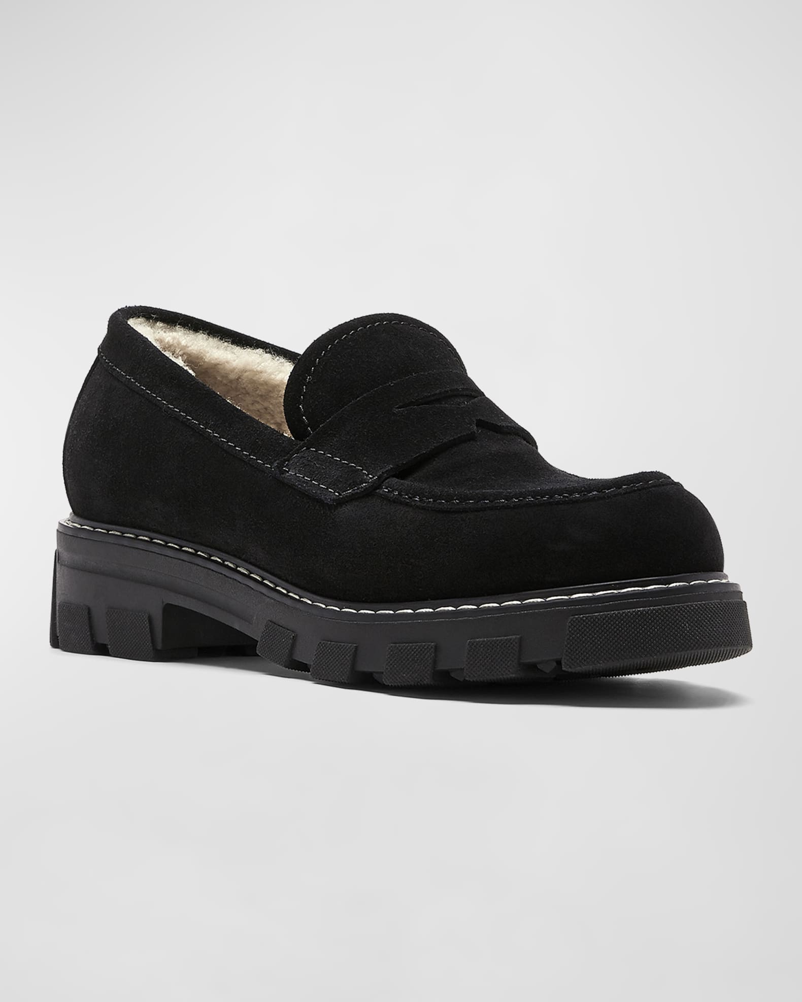 La Canadienne Darcy Suede Shearling-Lined Penny Loafers | Neiman Marcus