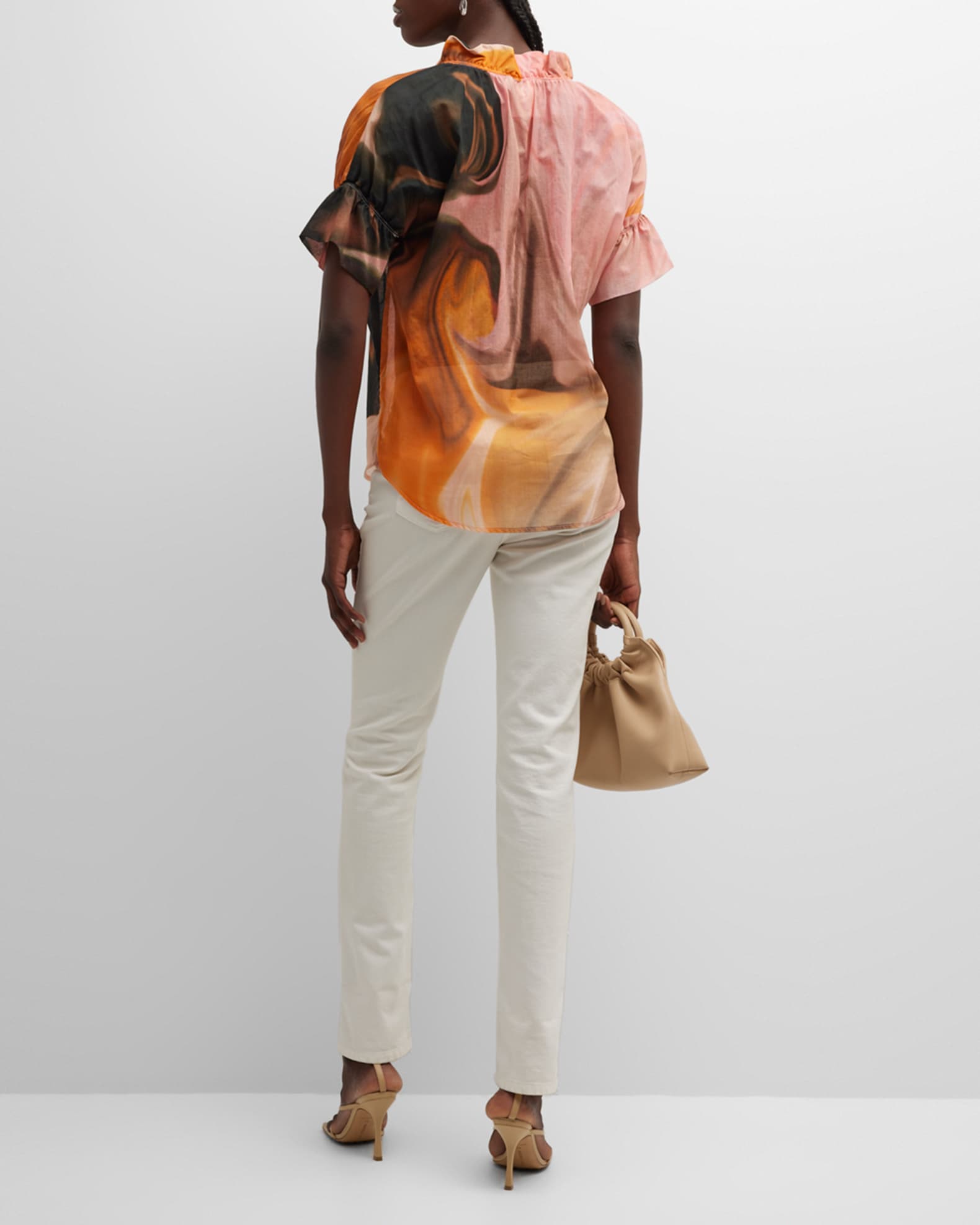 Finley Crosby Marble-Print Ruffle-Trim Top | Neiman Marcus