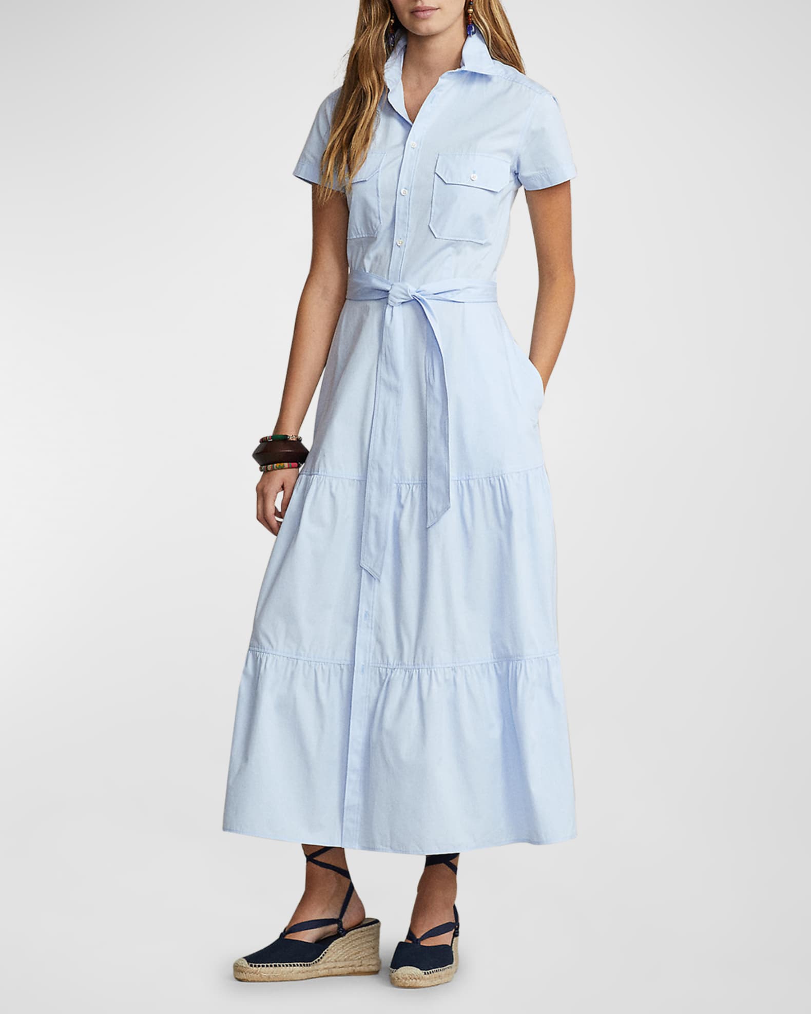 Polo Ralph Lauren Belted Tiered Cotton Shirtdress | Neiman Marcus