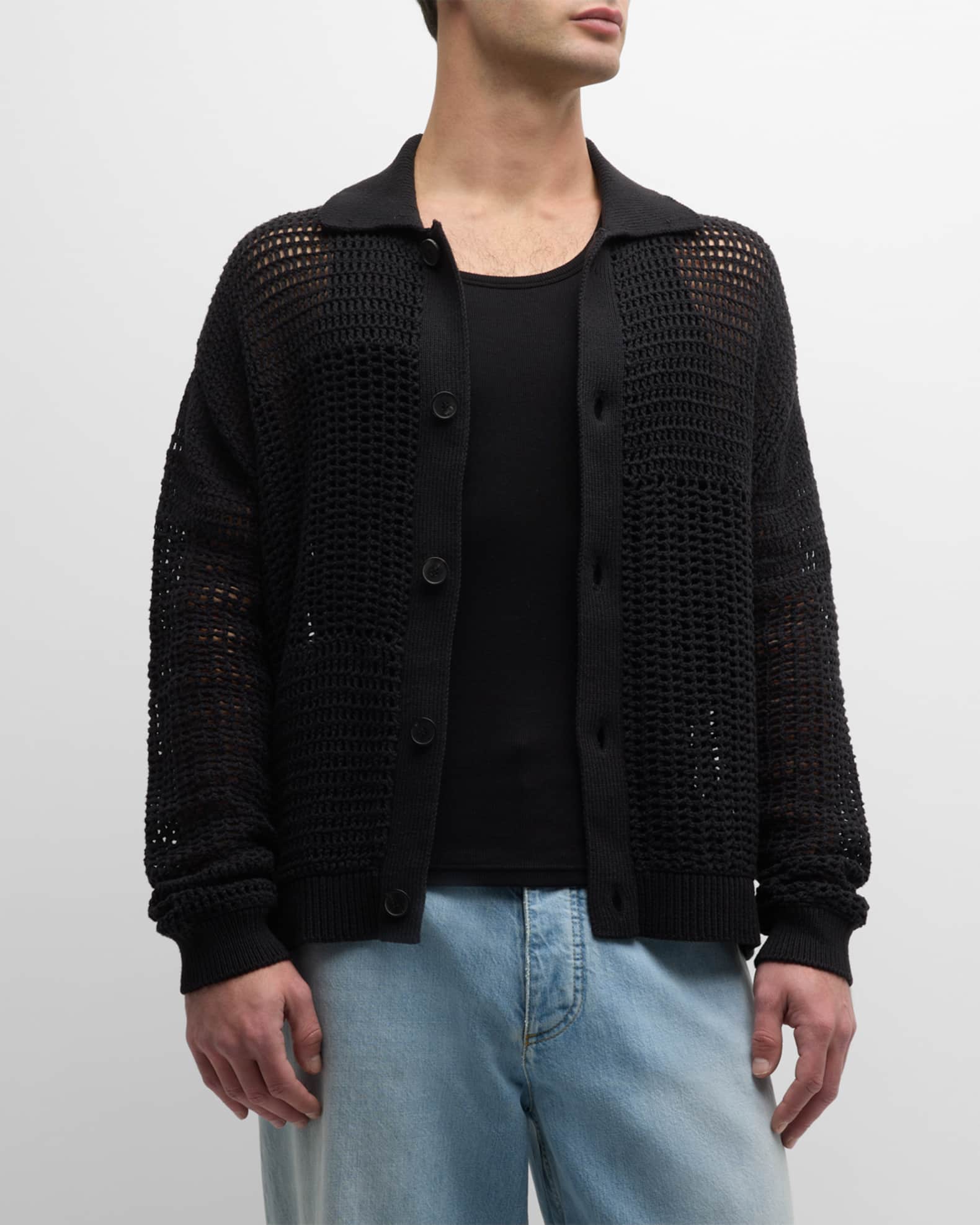 FRAME Men's Tonal Crochet Cardigan | Neiman Marcus
