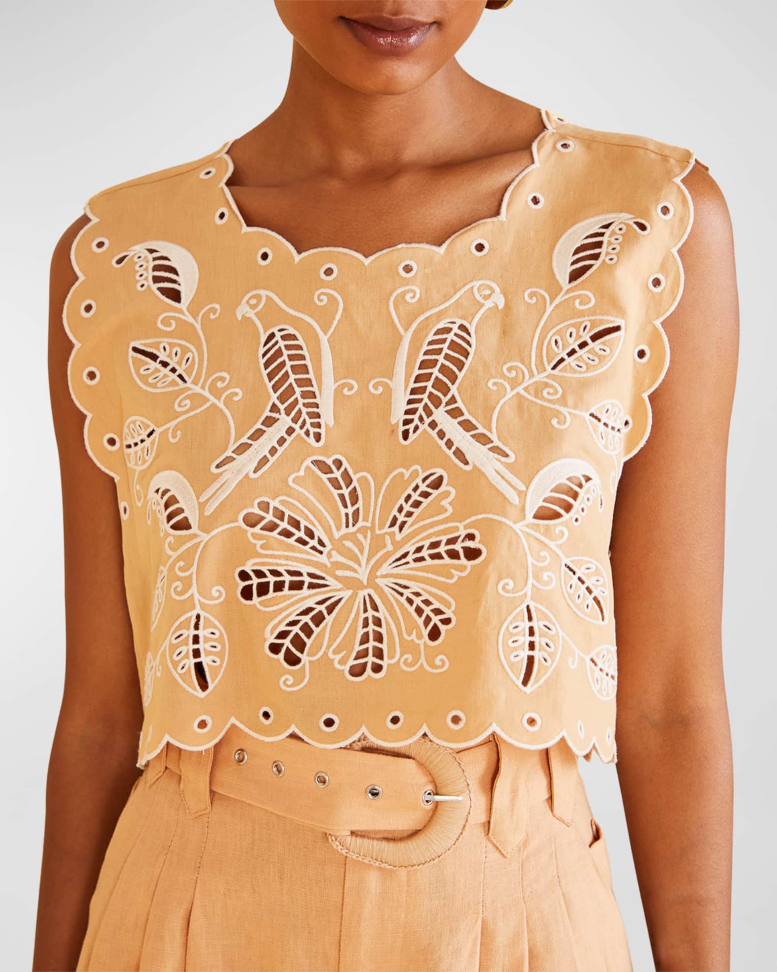 Farm Rio Sand Richilieu Embroidery Sleeveless Crop Top | Neiman Marcus