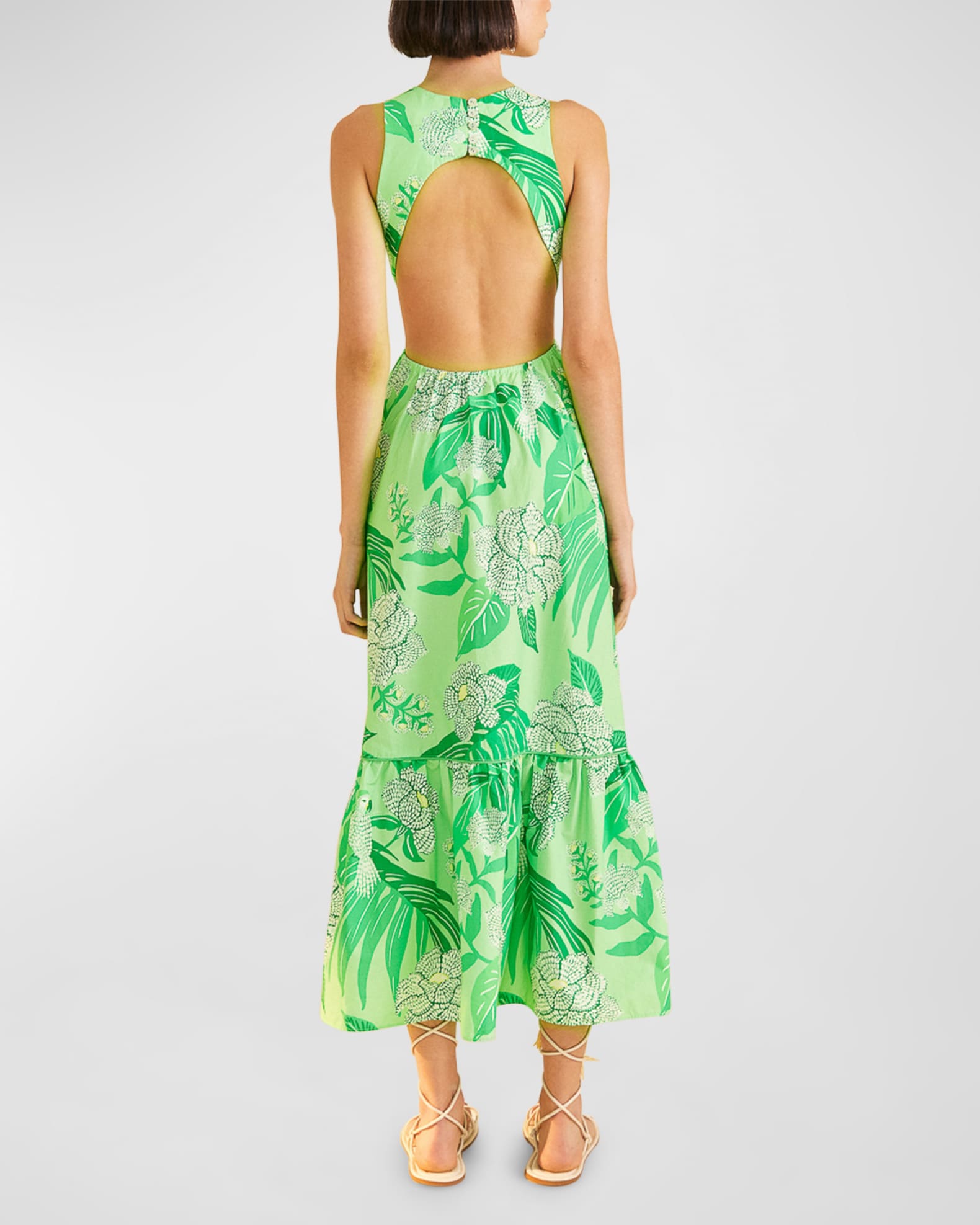 Farm Rio Dewdrop Floral Cutout-Back Midi Dress | Neiman Marcus