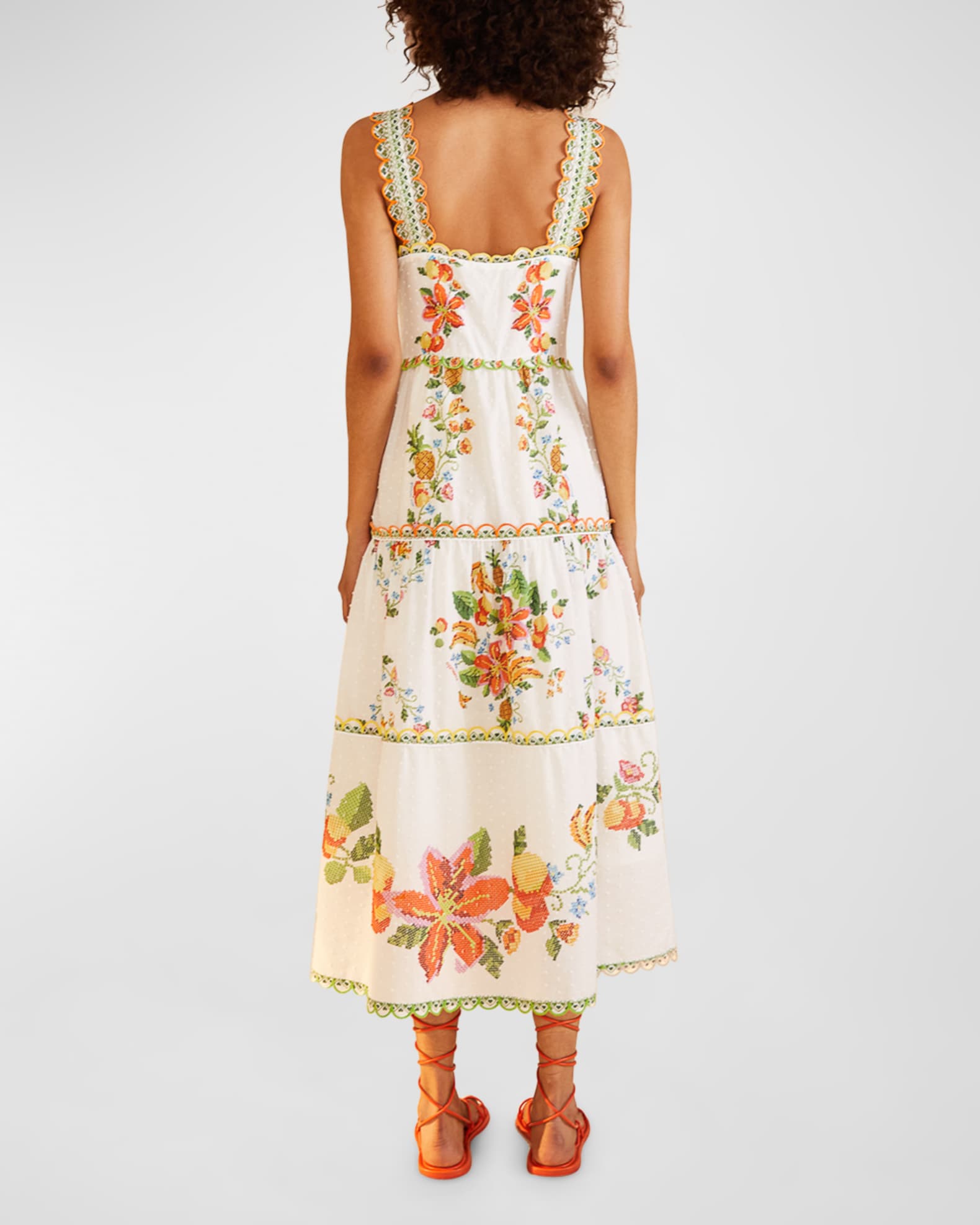 Farm Rio Mixed Tropical Romance Embroidered Midi Dress | Neiman Marcus