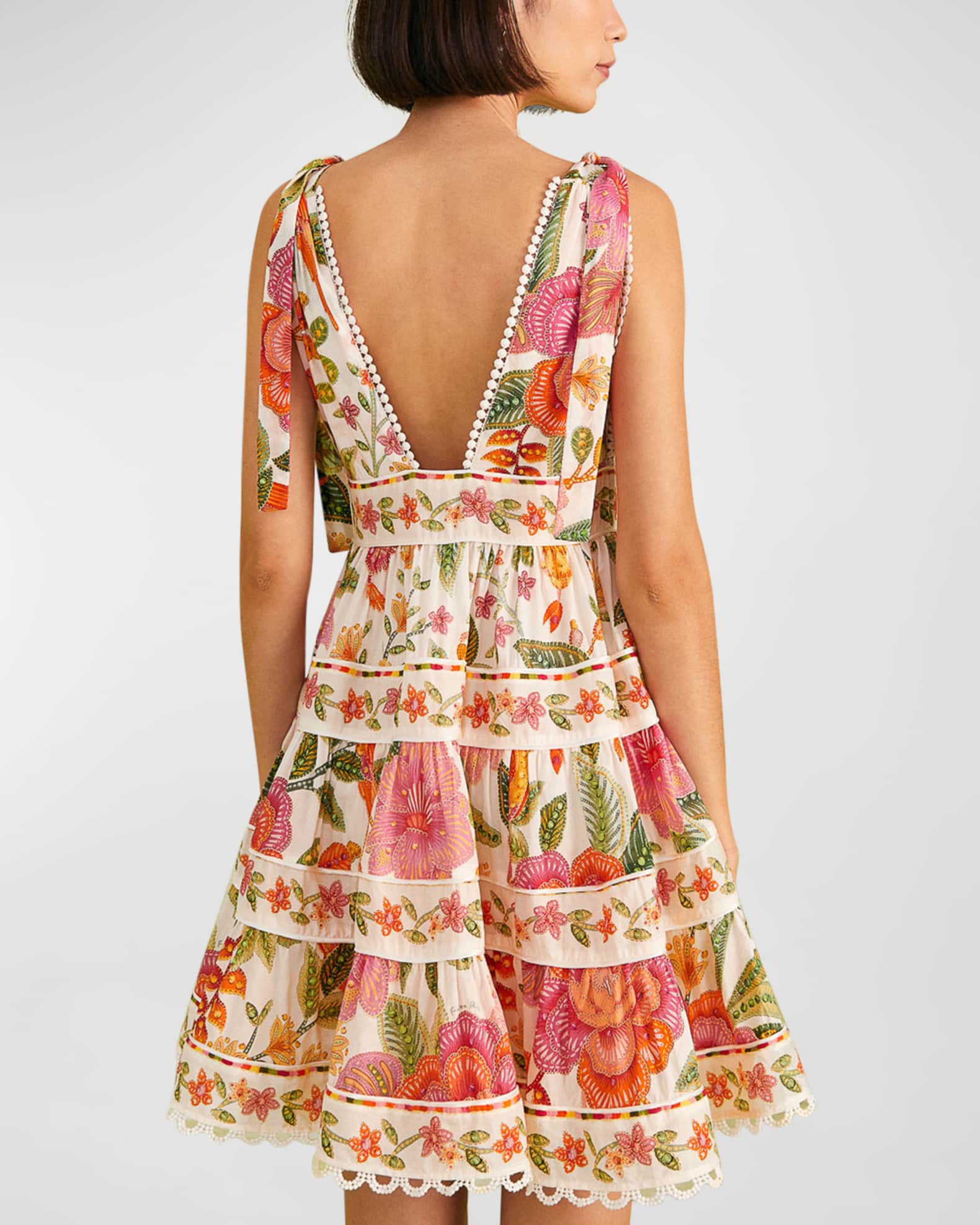 Farm Rio Macaw Bloom Tie-Shoulder Tiered Mini Dress | Neiman Marcus