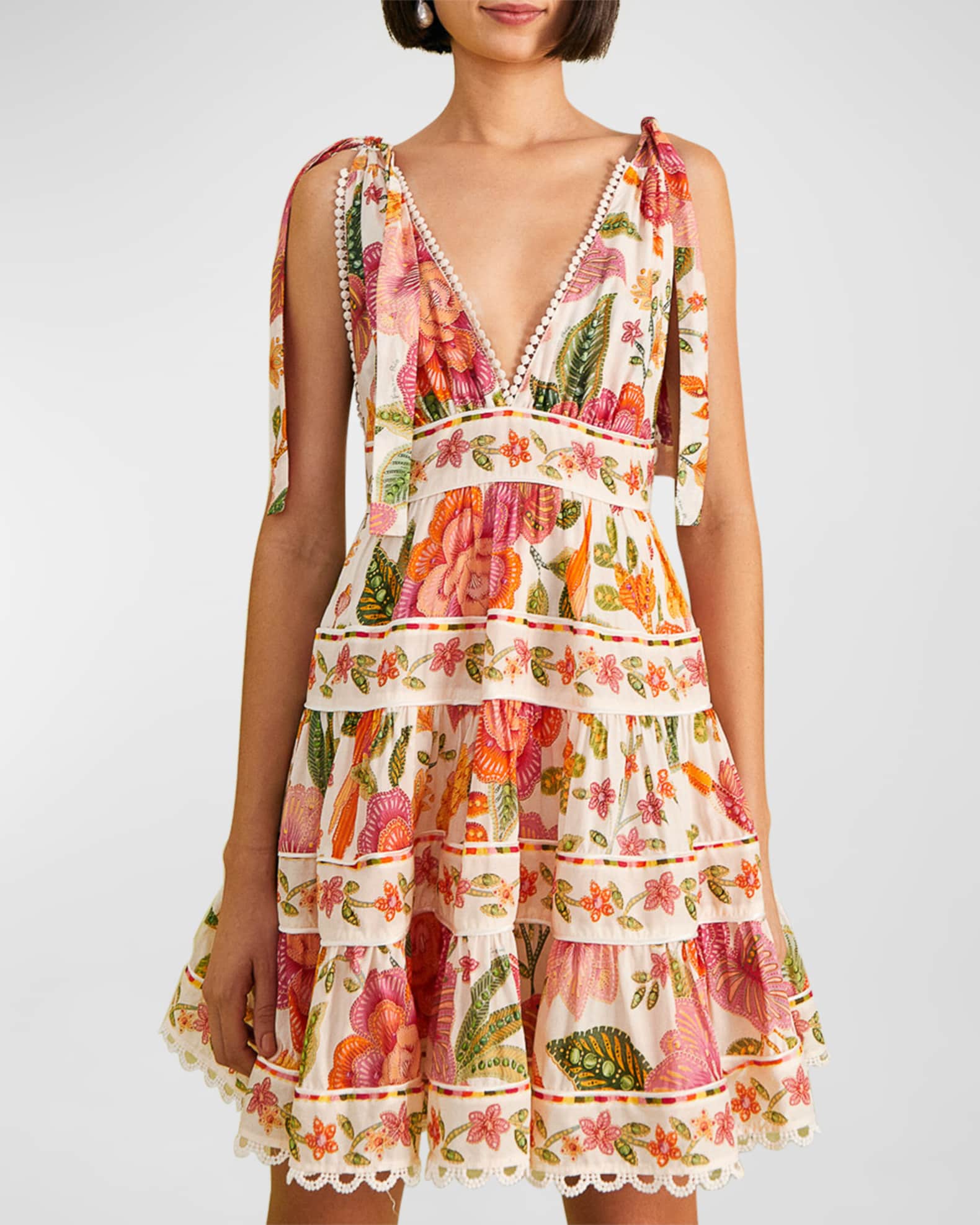 Farm Rio Macaw Bloom Tie-Shoulder Tiered Mini Dress | Neiman Marcus