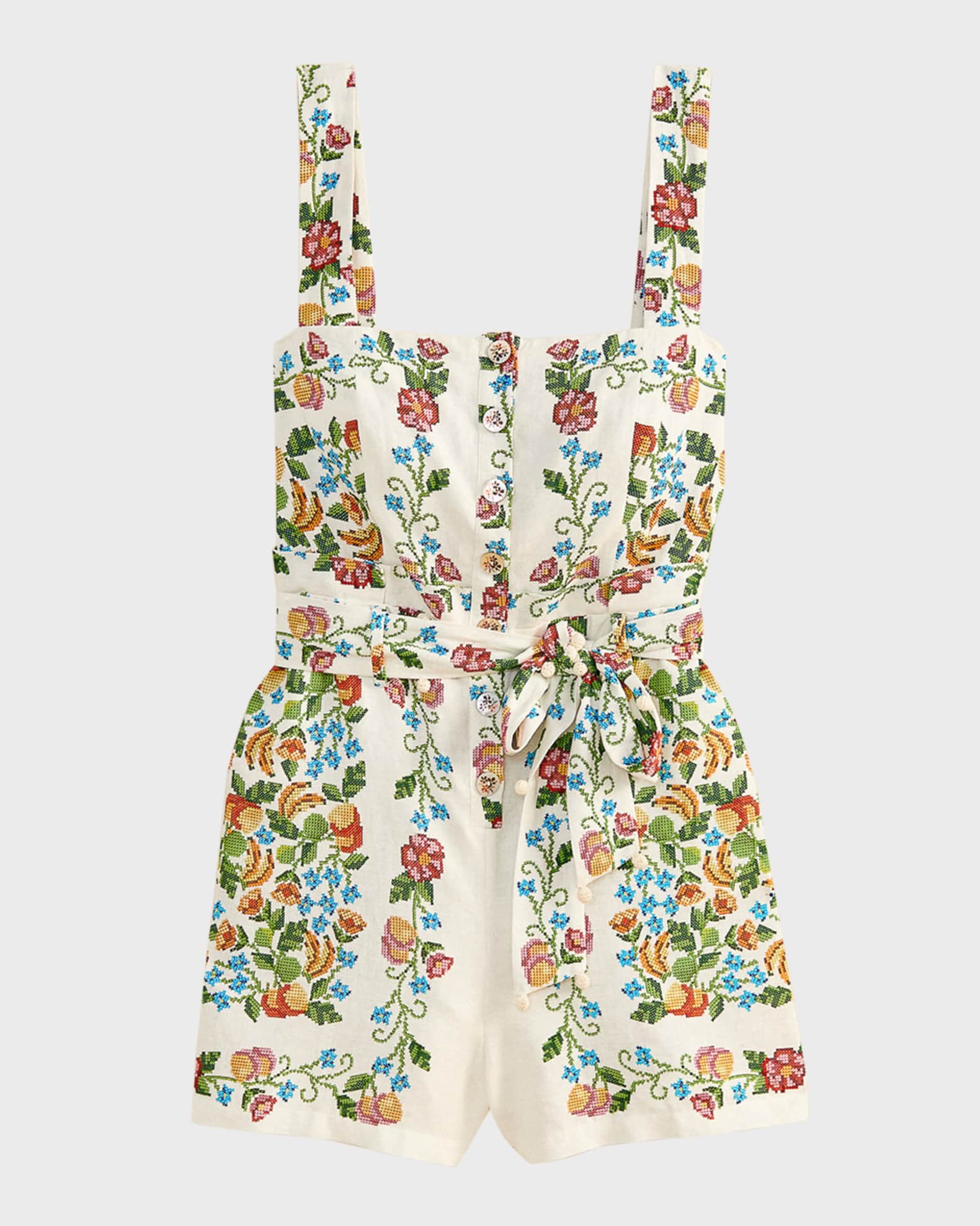 Farm Rio Tropical Romance Tie-Belt Romper | Neiman Marcus