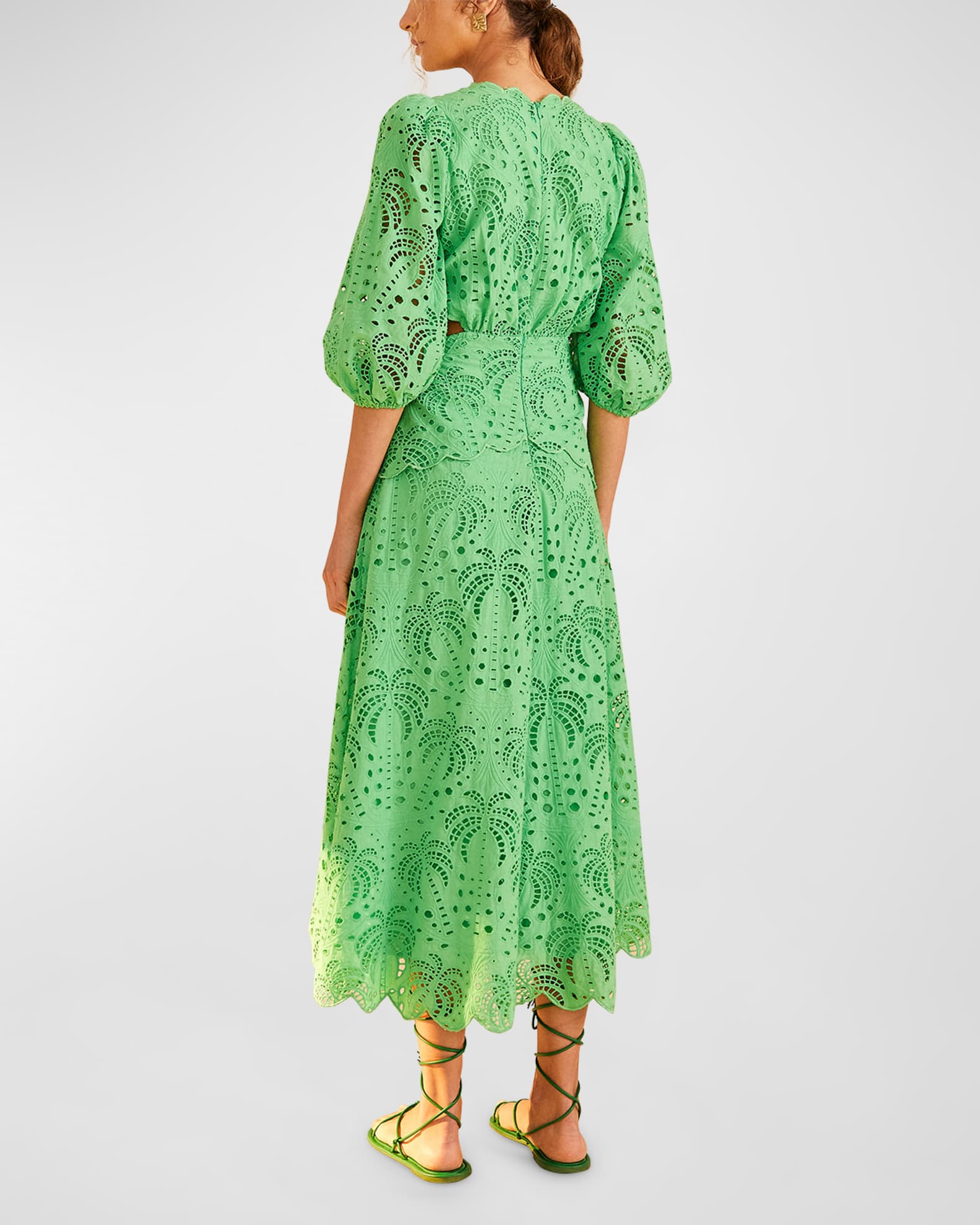 Farm Rio Green Richelieu Cutwork Midi Dress | Neiman Marcus