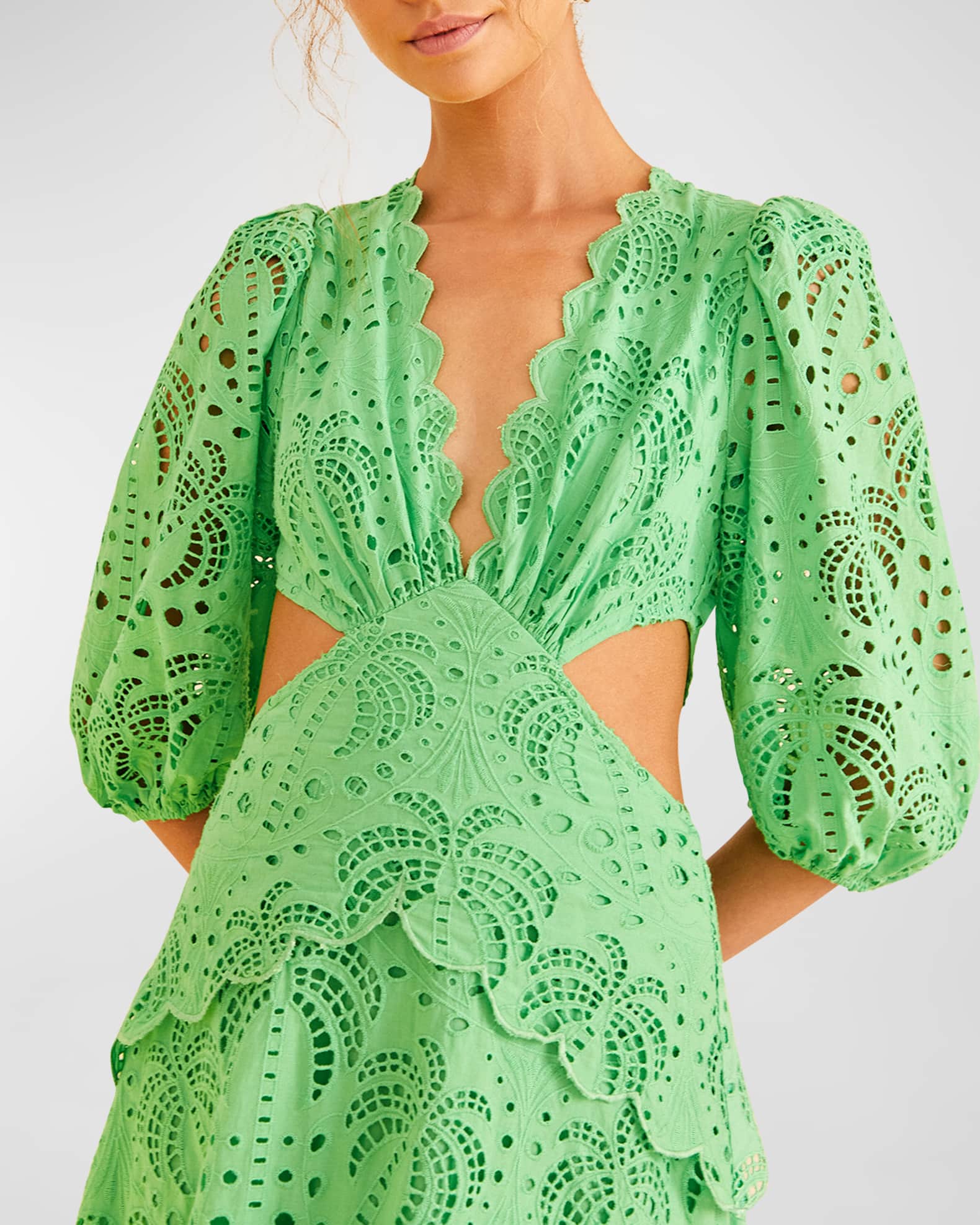 Farm Rio Green Richelieu Cutwork Midi Dress | Neiman Marcus