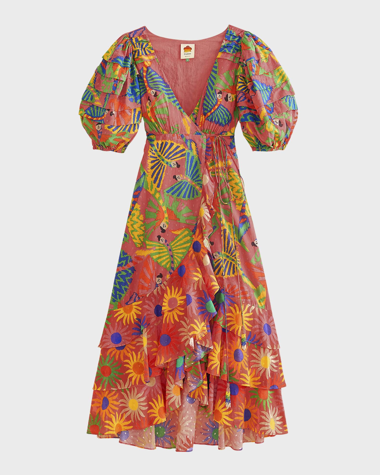 Farm Rio Graphic Macaws Puff-Sleeve Midi Wrap Dress | Neiman Marcus