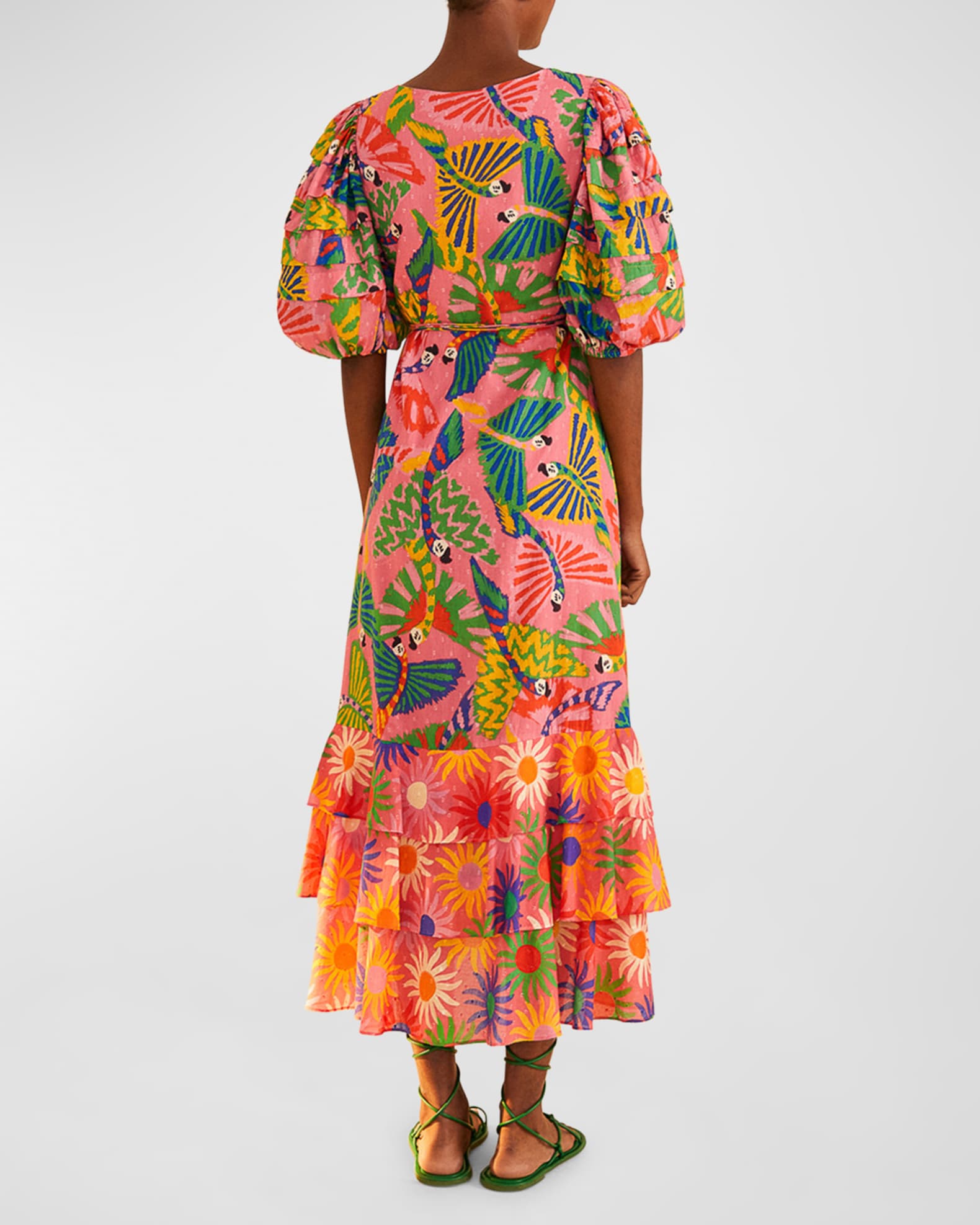 Farm Rio Graphic Macaws Puff-Sleeve Midi Wrap Dress | Neiman Marcus